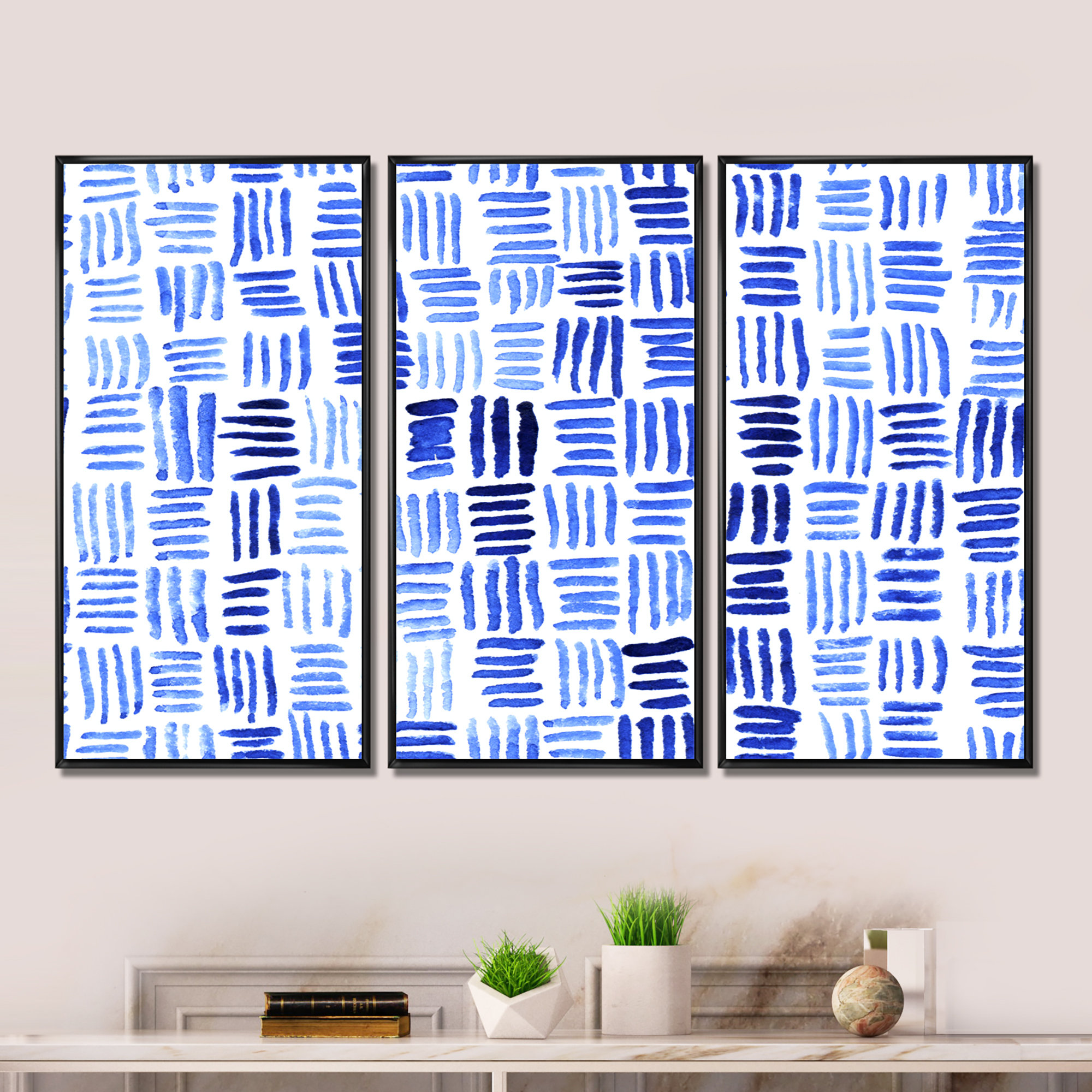 Ebern Designs Blue Weaving Pattern - Modern Framed Canvas Wall Art Set ...