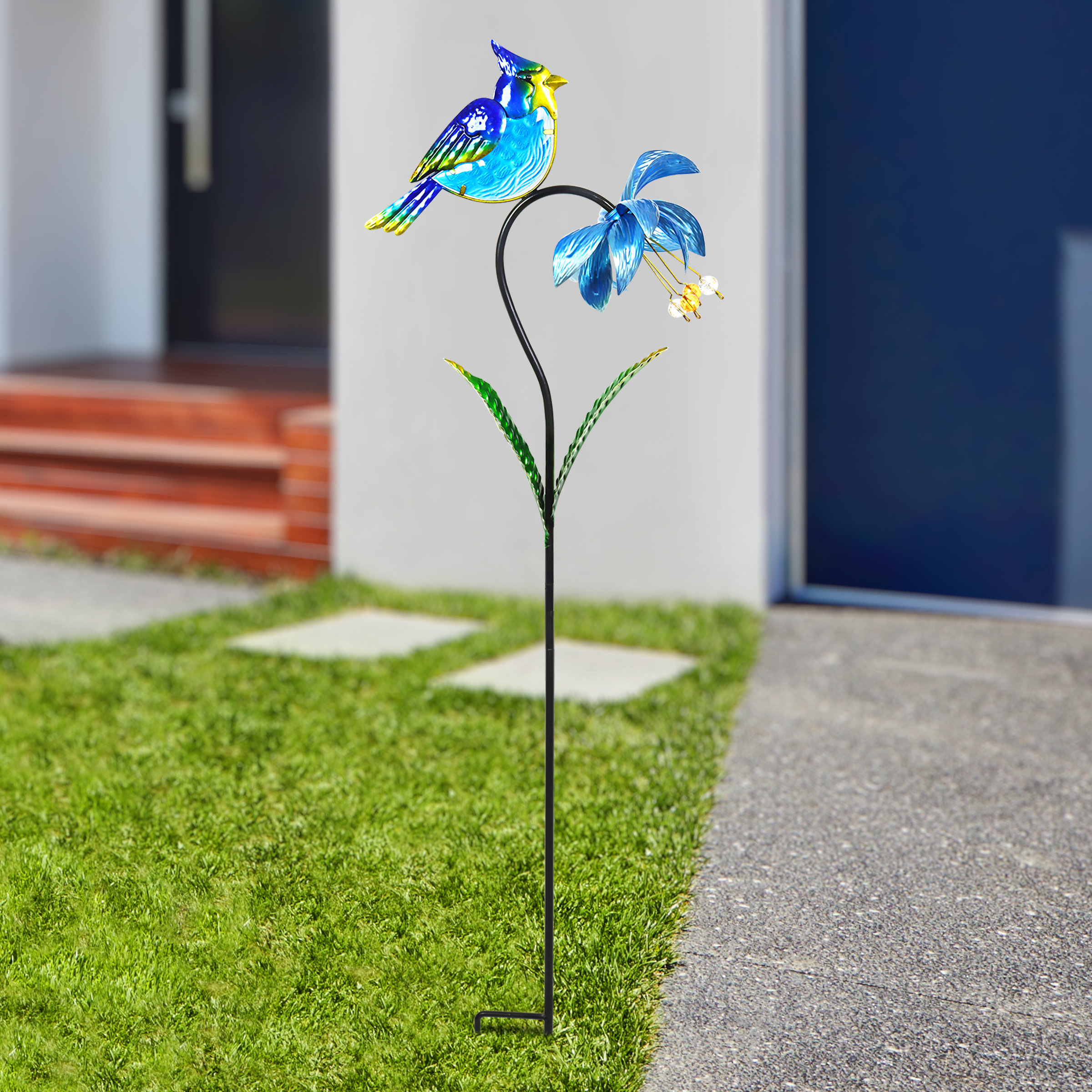 Exhart Spinning Flower with Blue Bird Metal Garden Stake 11.5 by 34 ...