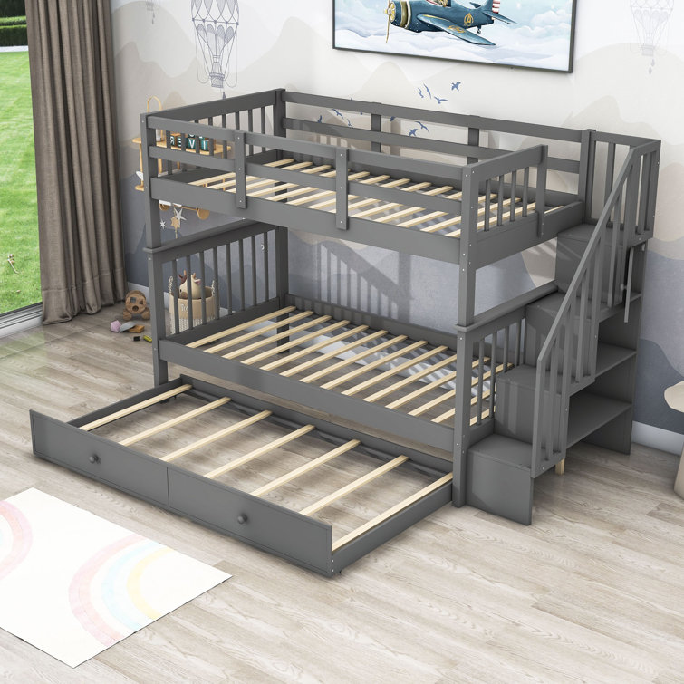 Harriet Bee Twin Over Twin Wooden Bunk Bed With Trundle And Shelves ...