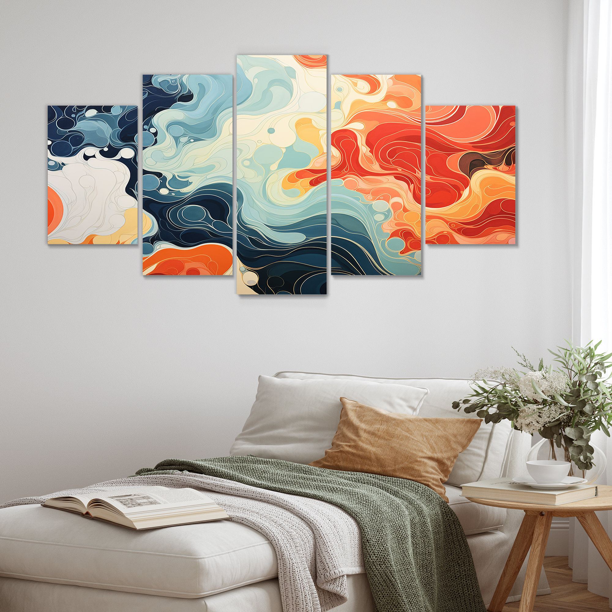Ivy Bronx Blue And Orange Liquid Ink Waves III - Abstract Liquid Ink Multipanel Wall Art For ...