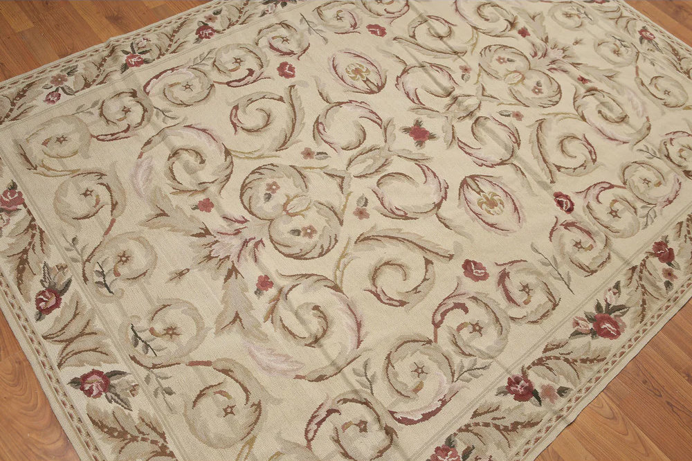 Canora Grey 5'5"x7'8" Beige Hand Woven Floral Flatweave Aubusson Wool ...