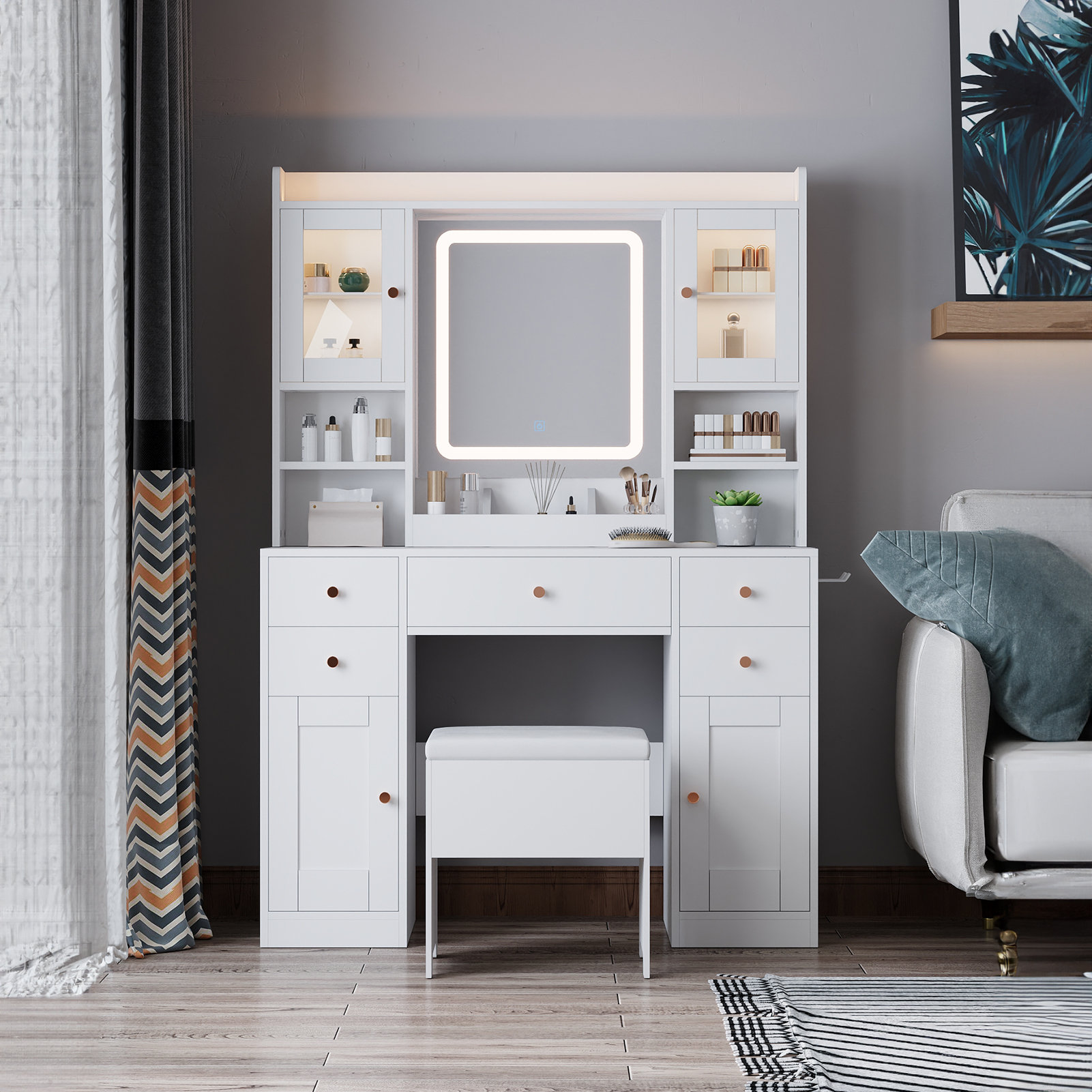 Brayden Studio Dressing Table and Stool Set with LED Mirror and Built ...