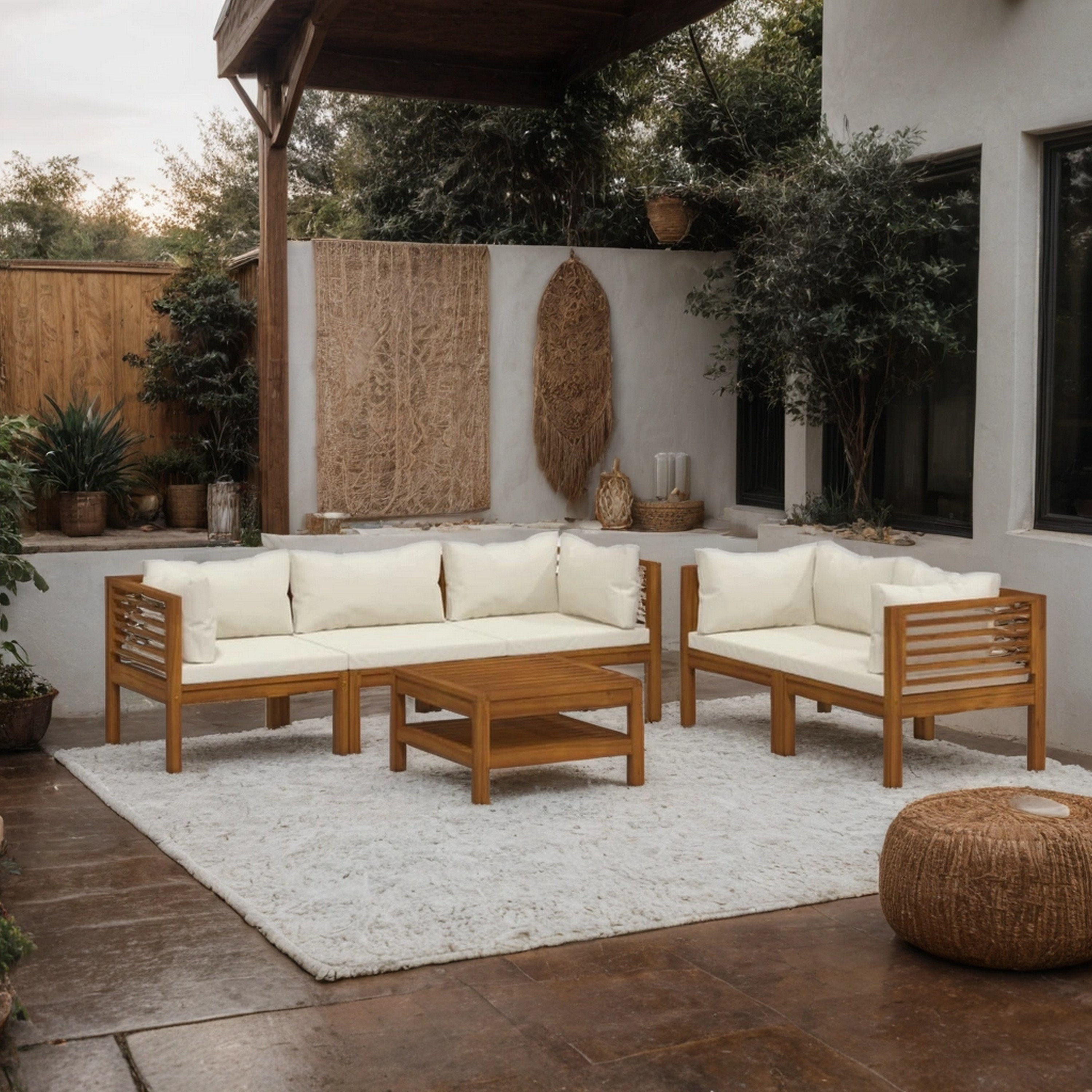 Benjara 6Pc Outdoor Modular Sofa Set, Cream Cushions, Brown Solid ...