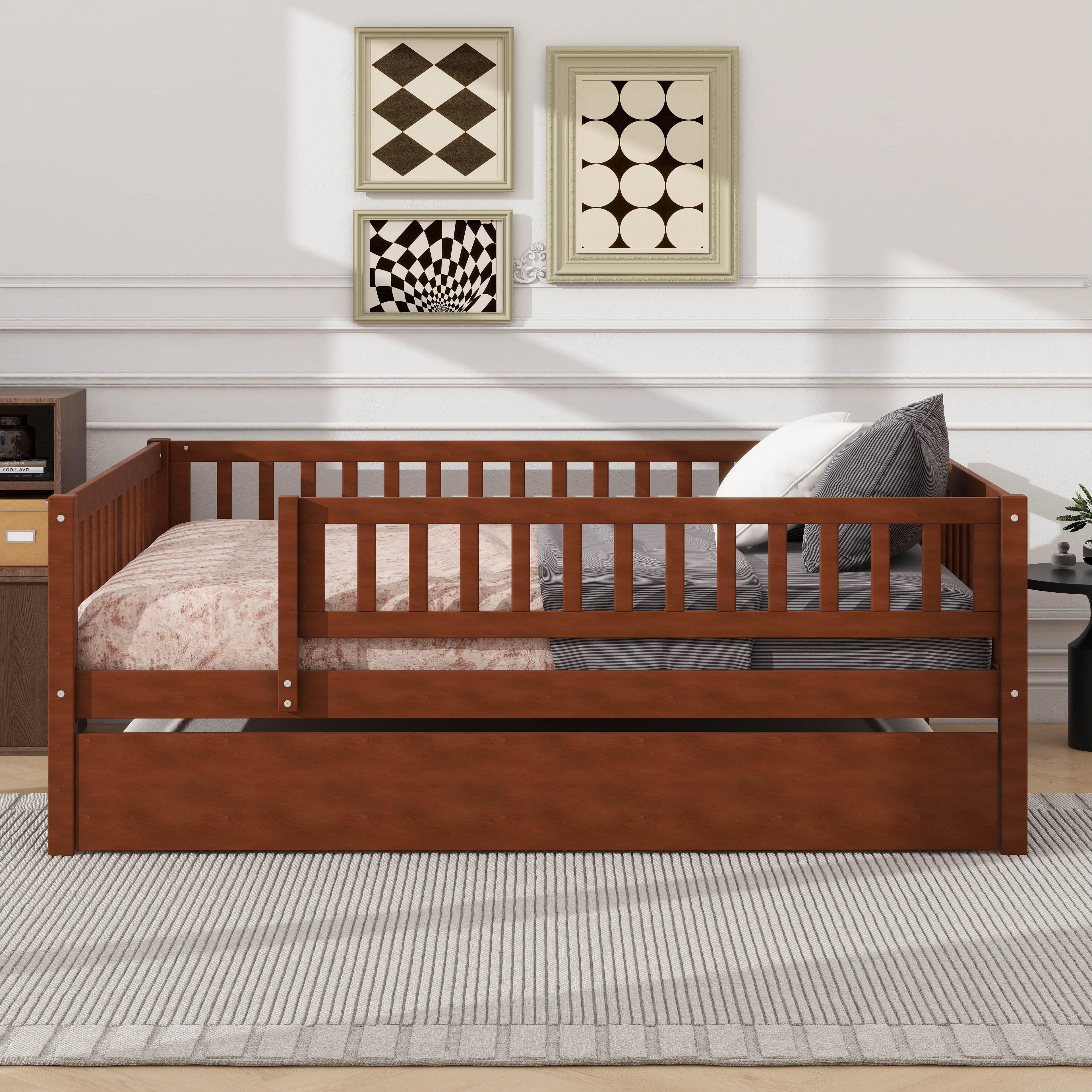 Lark Manor A Wooden Daybed Accompanied By An Underbed Trundle And Fence ...