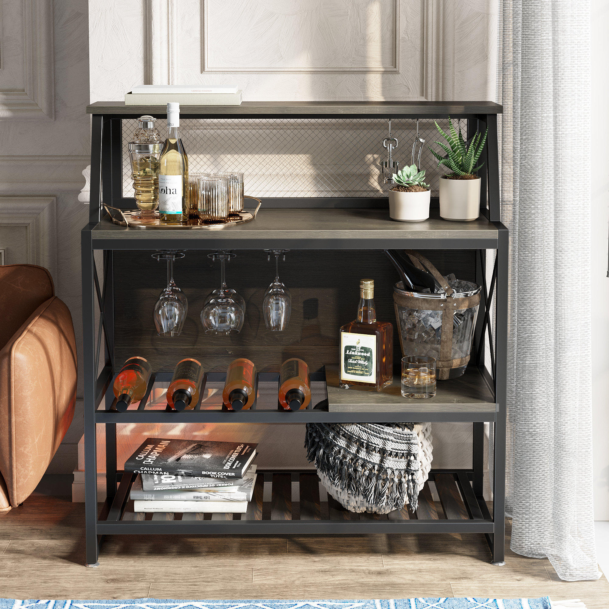 Steelside™ Mori 39" Display Wine Rack, Industrial Home Bar with Wine ...