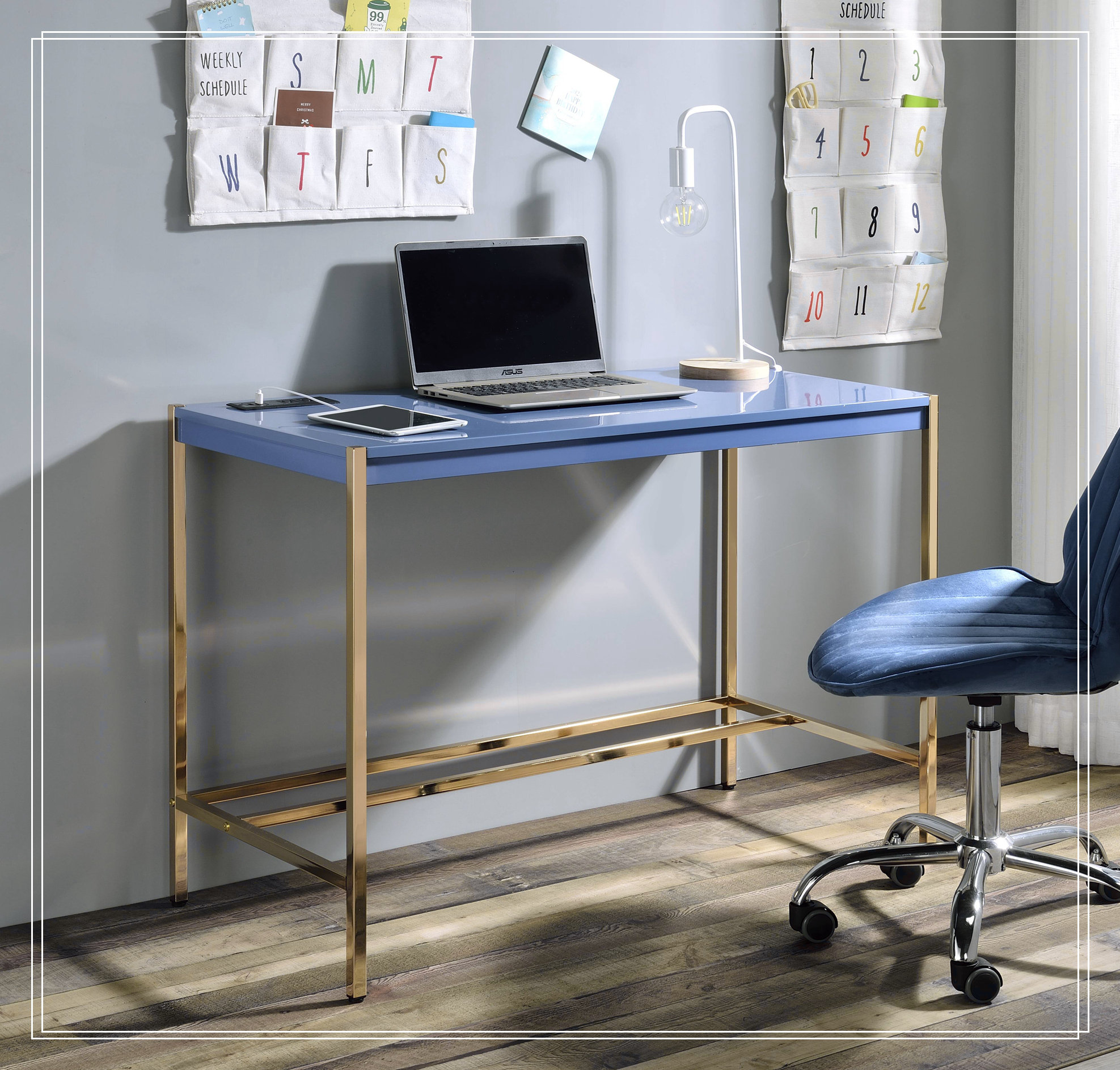 Ebern Designs Midriaks Navy Blue & Gold Finish Writing Desk W/USB | Wayfair