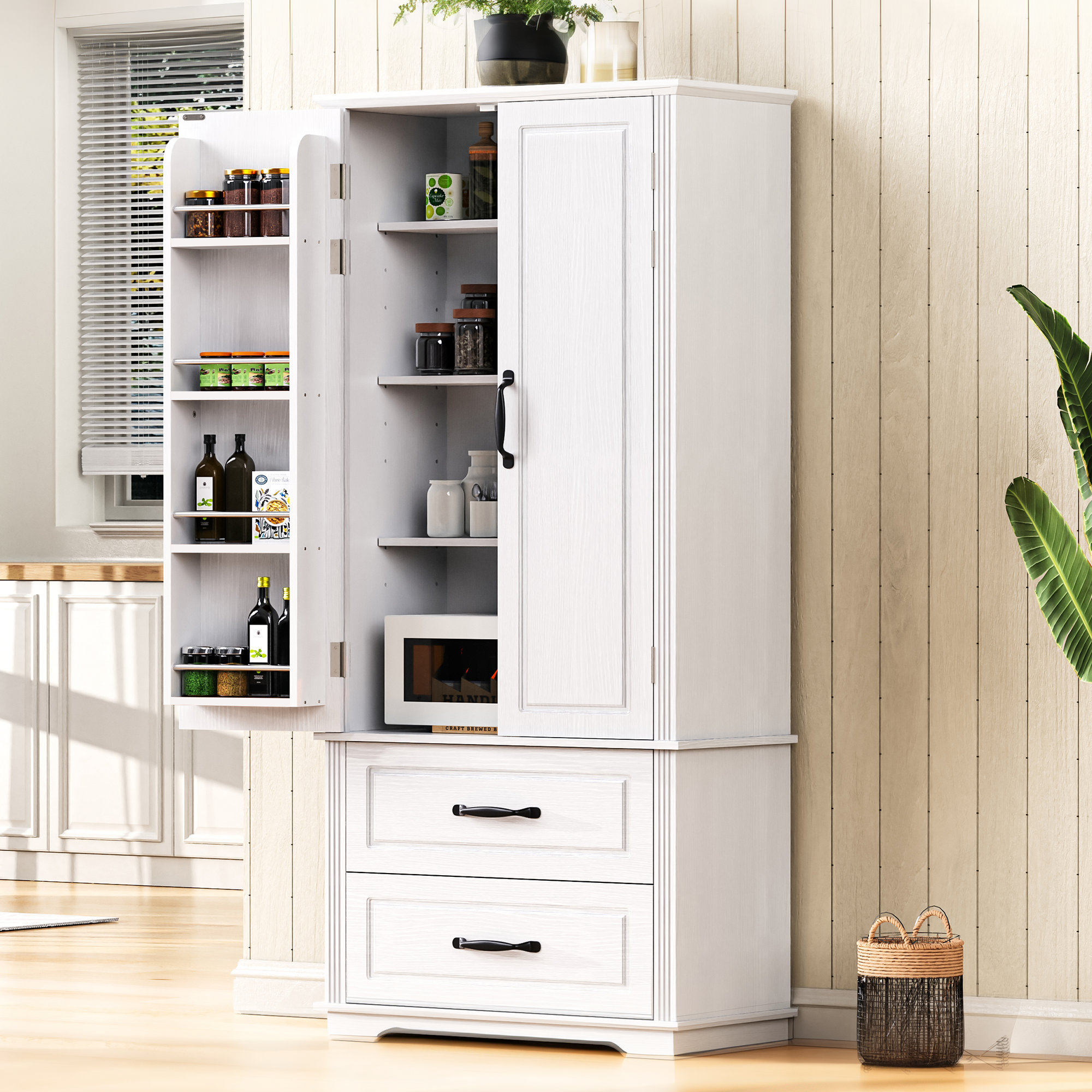 Lark Manor™ 71" Farmhouse Kitchen Pantry Cabinet with 2 Large Drawers ...