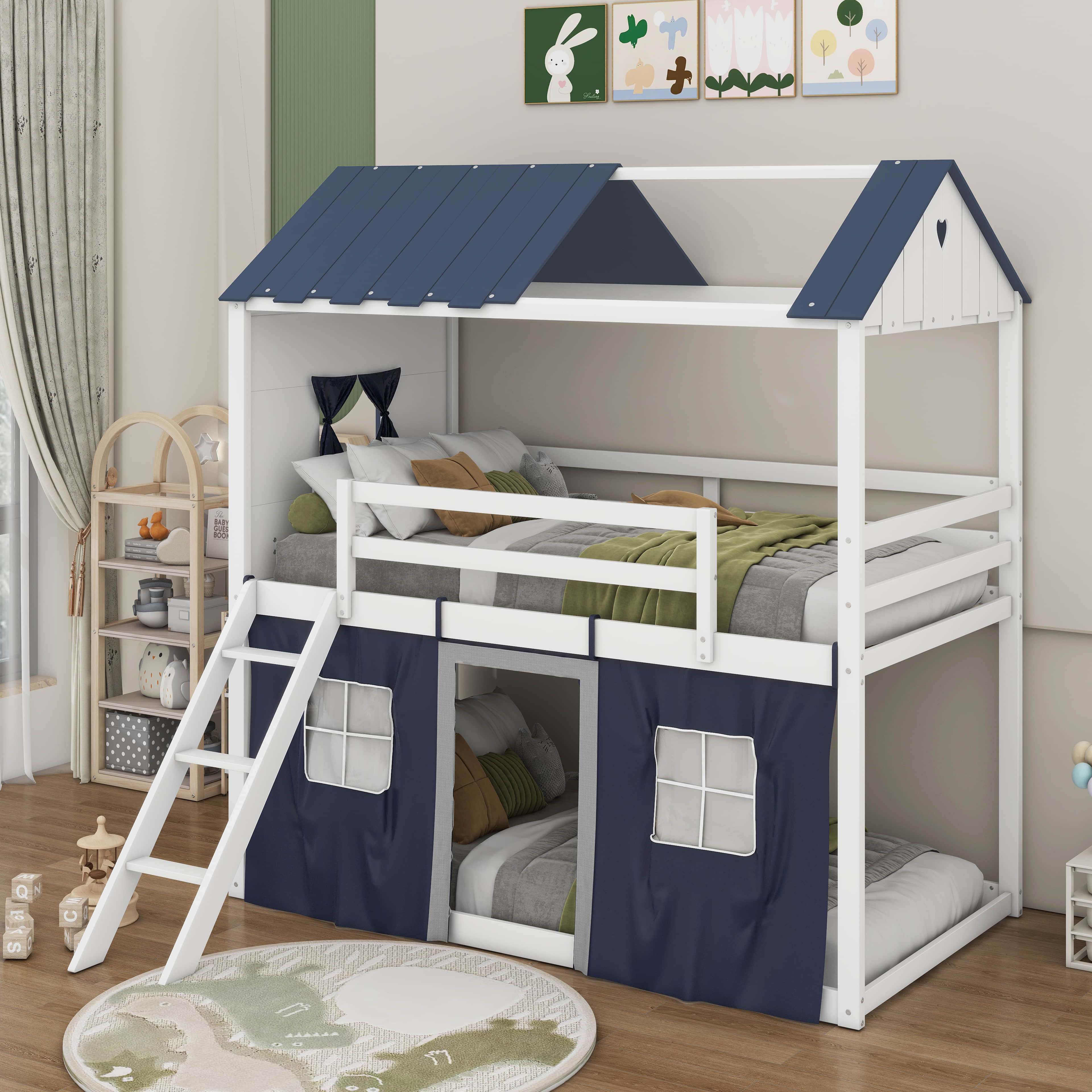 Harper Orchard Bunk Wood House Bed With Elegant Windows, Sills And Tent ...