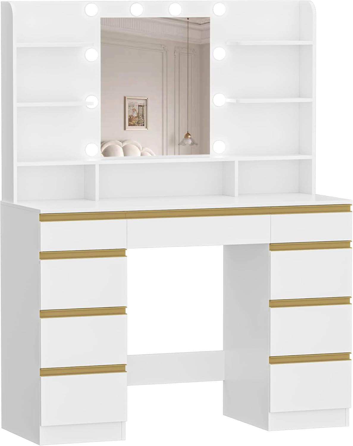 Ebern Designs Dressing Table with 10 LED Light Globes, Vanity Desk with ...