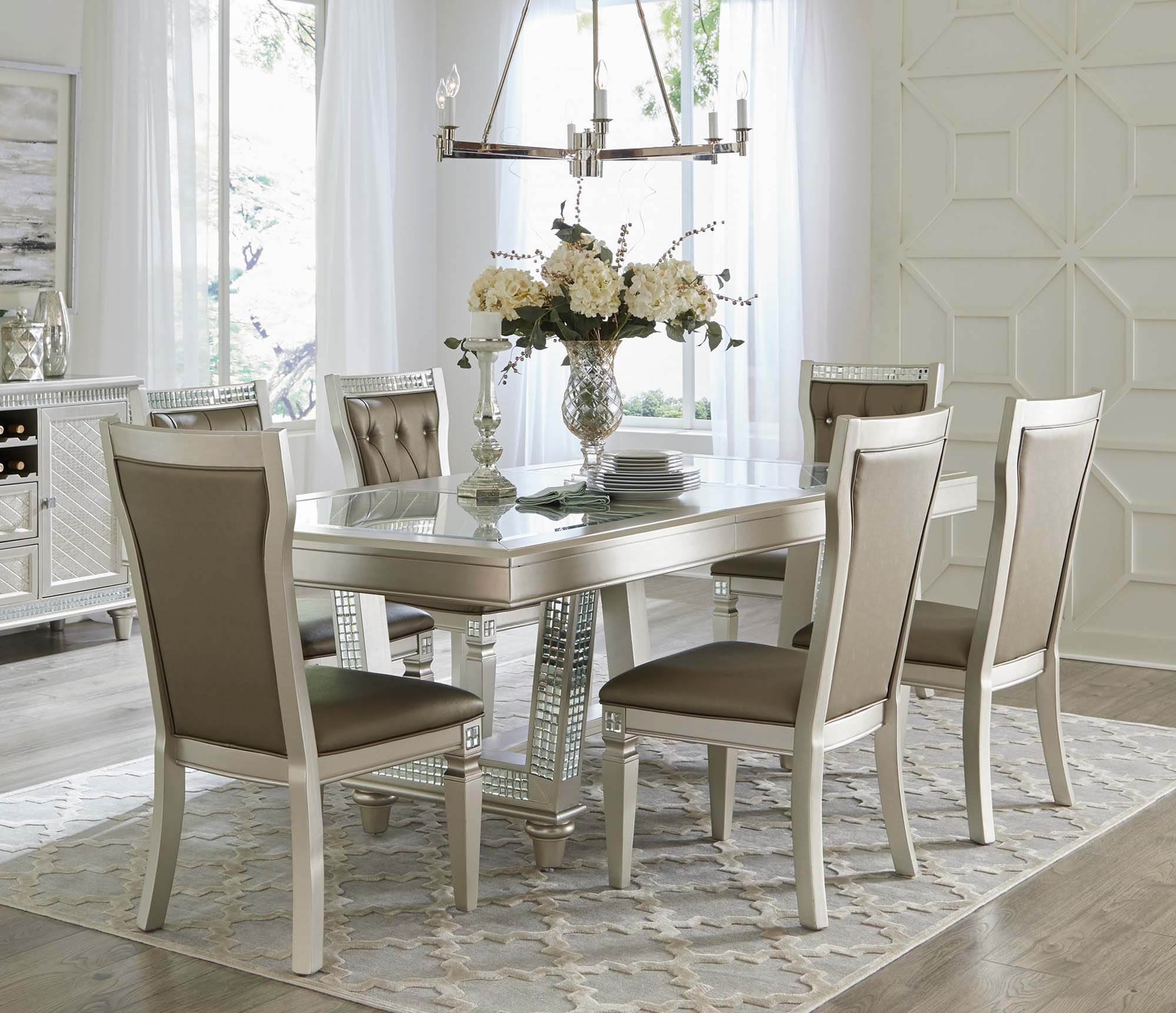 Rosdorf Park Dining 7Pc Set Champagne Finish Table W Leaf Glass Insert ...