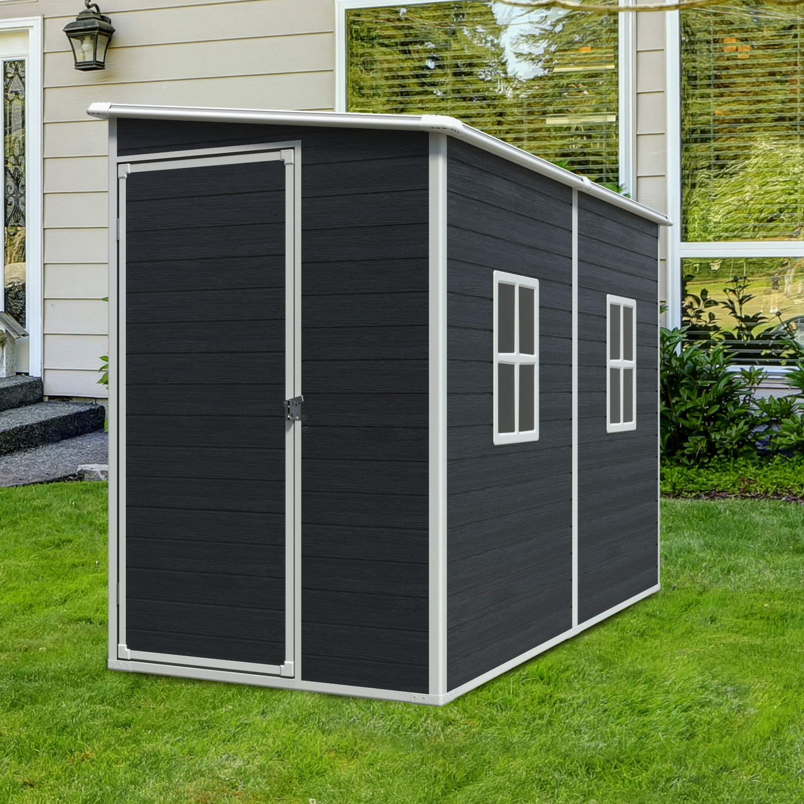 HOA.WWC 4x8 Resin Outdoor Storage Shed Black with Floor and 2 Windows ...