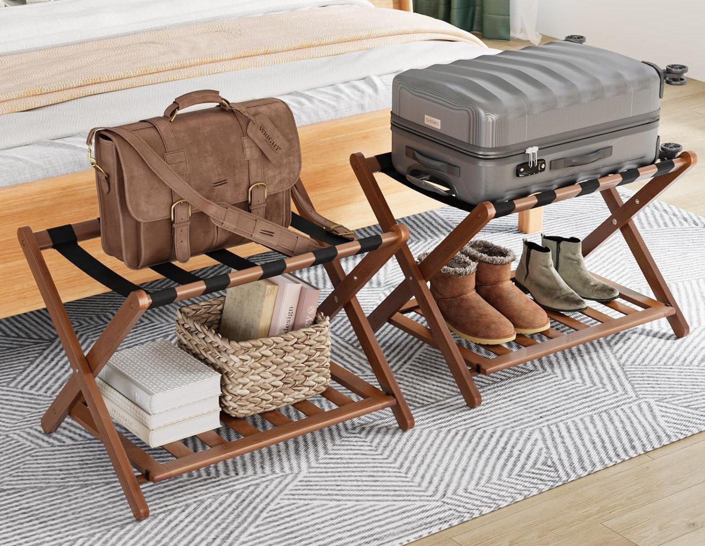 Obeten The Fully Assembled Luggage Racks Pack of 2, Upgraded Bamboo ...