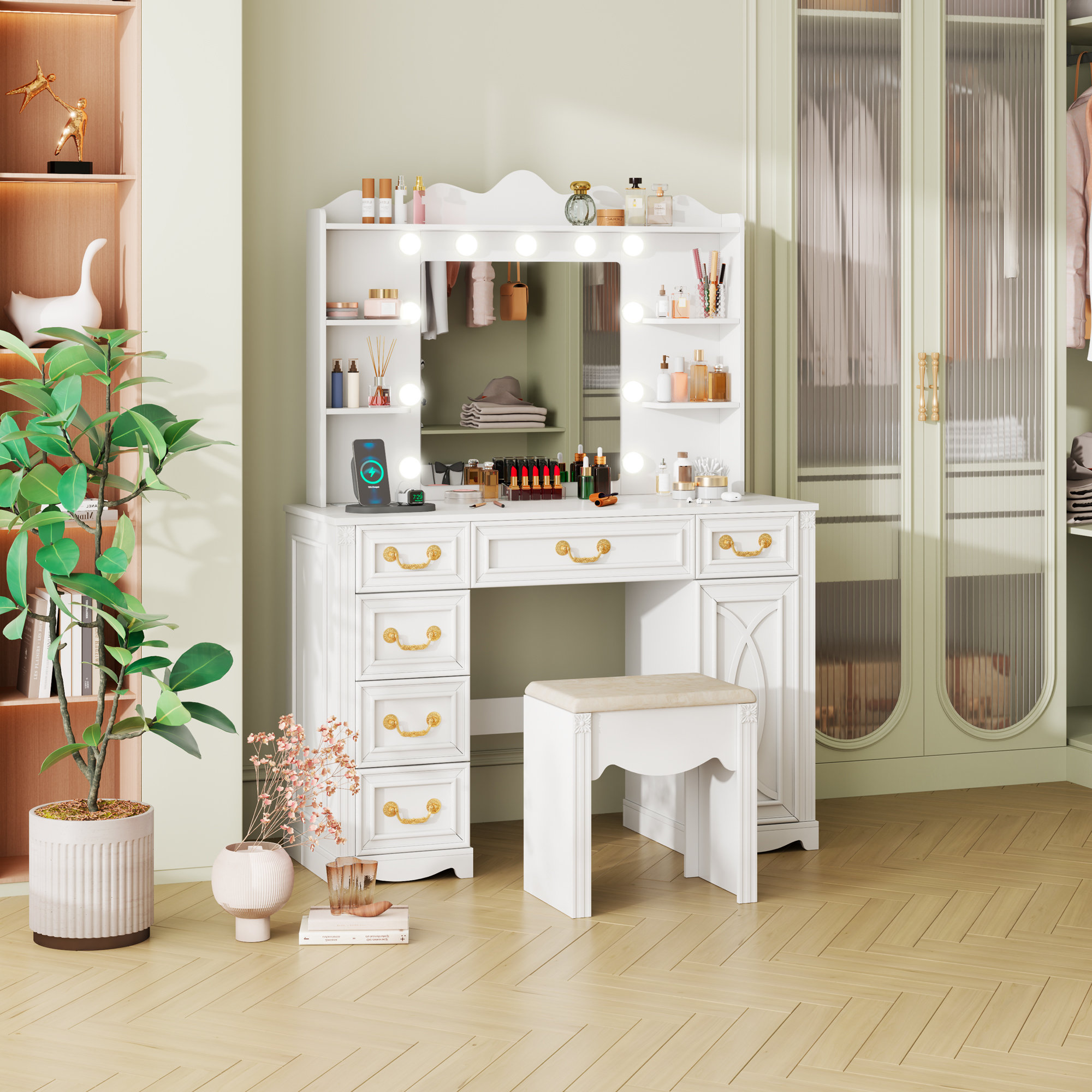 Blue Elephant Makeup Vanity with 3-color Lighting Mirror, Outlets ...