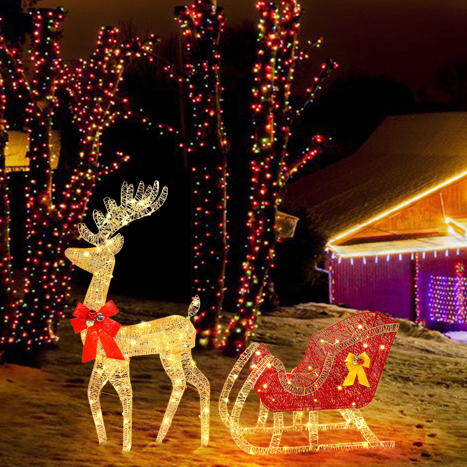 The Holiday Aisle® Golden Elk Deer Sled Iron Frame Cotton Thread Green ...
