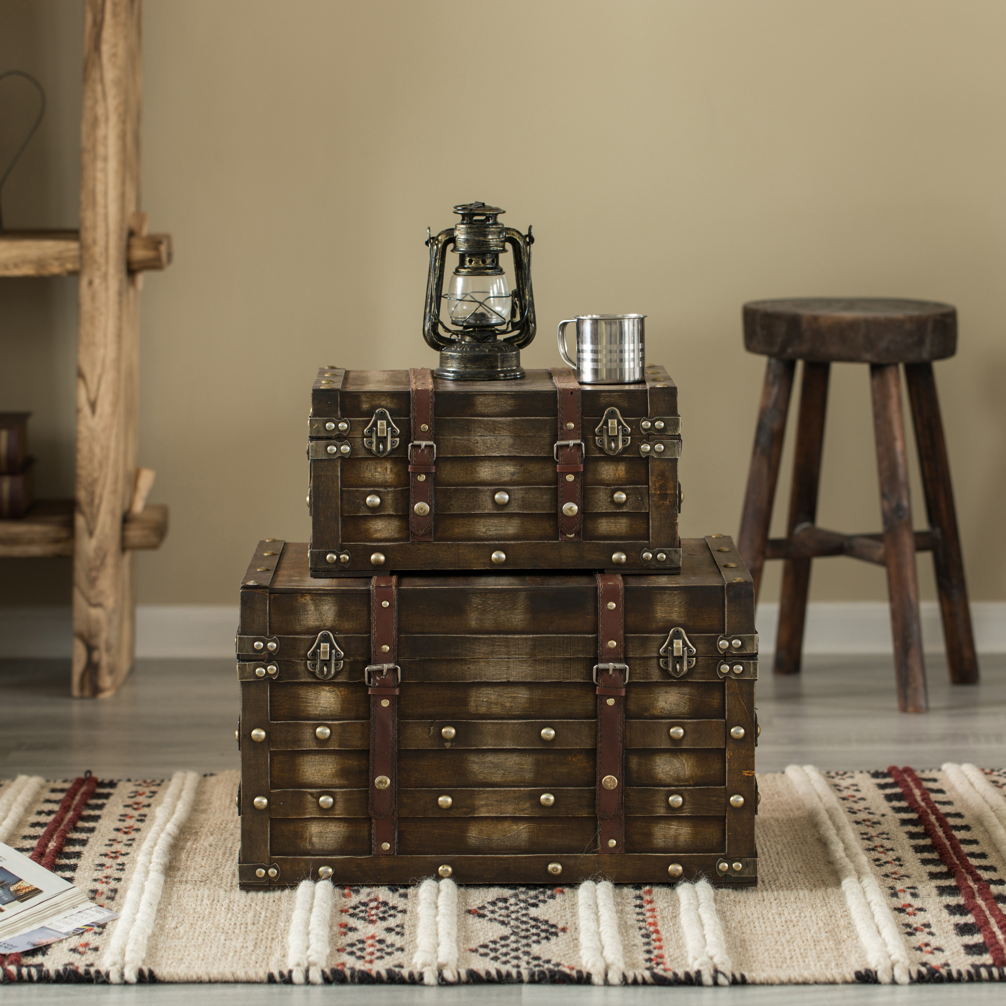 Canora Grey Wooden Brown Storage Trunk With Faux Leather Straps And ...