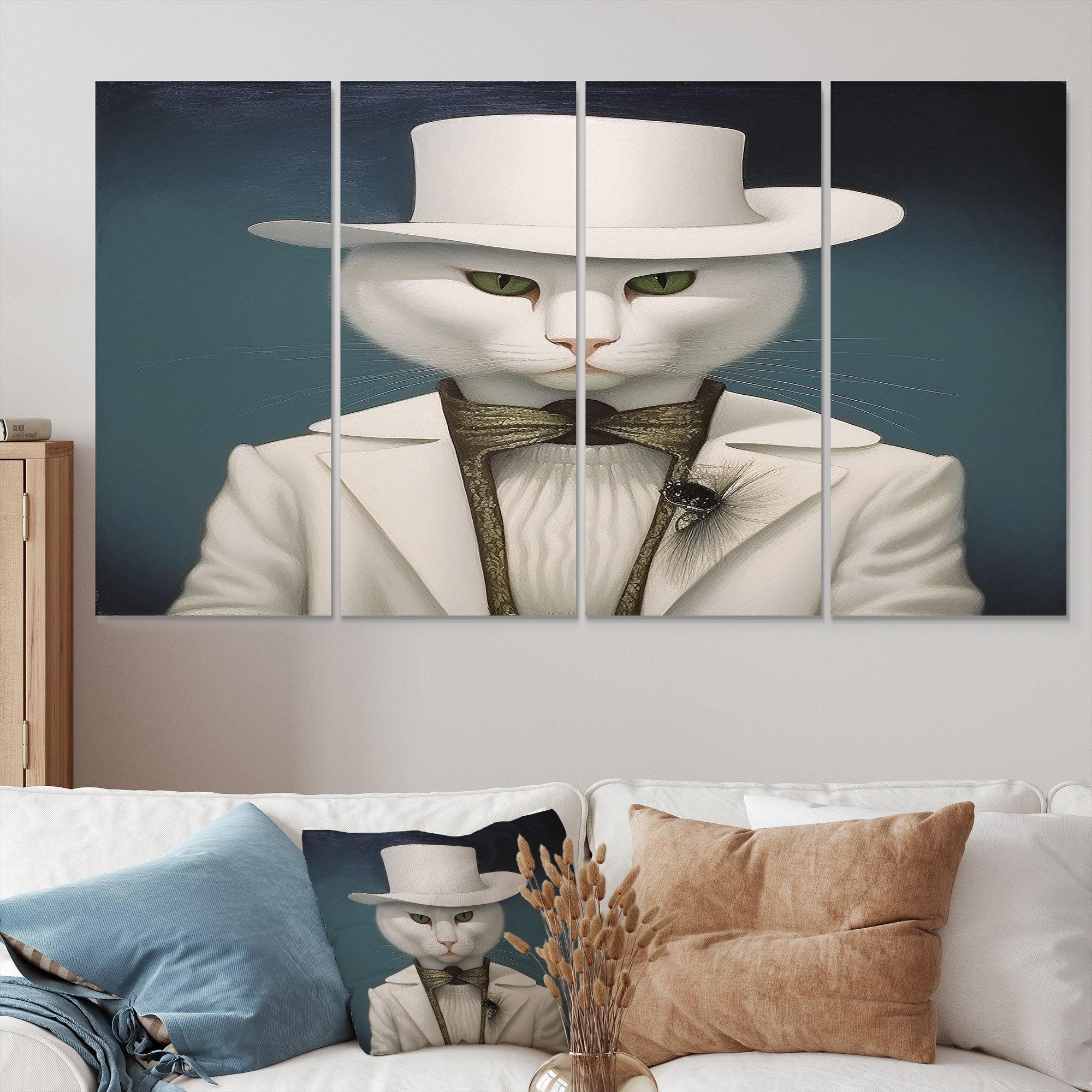 Design Art Fancy White Cat In Suit With White Hat - Cat Wall Art Decor ...