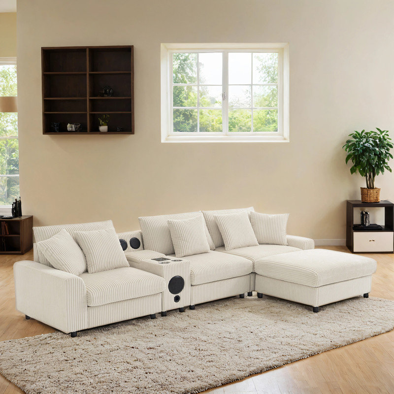 Mercer41 Corduroy Sectional Sofa with Bluetooth Speakers,L-Shaped Couch ...