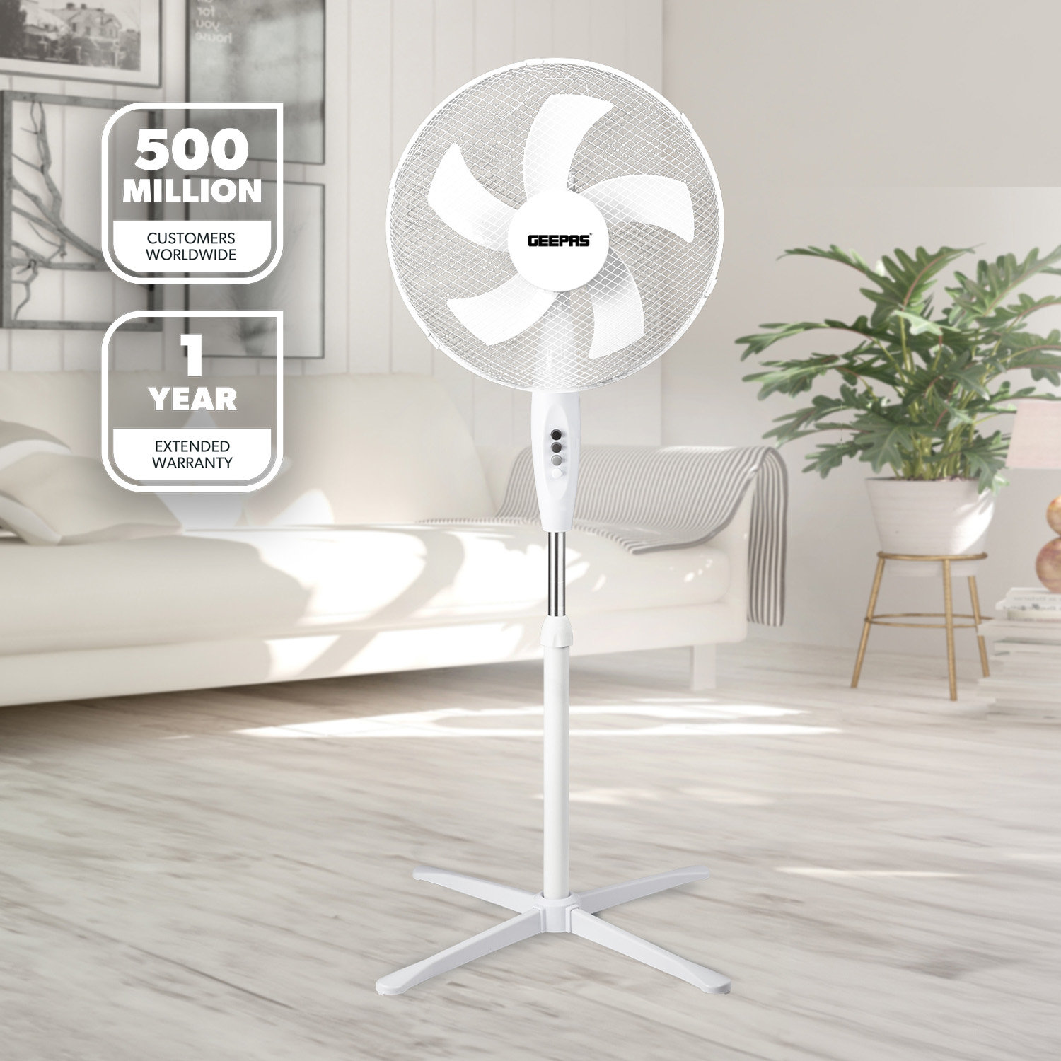 GEEPAS 16” Pedestal Free Standing Cooling Fan 3 Speeds 5 Blades, 45W ...