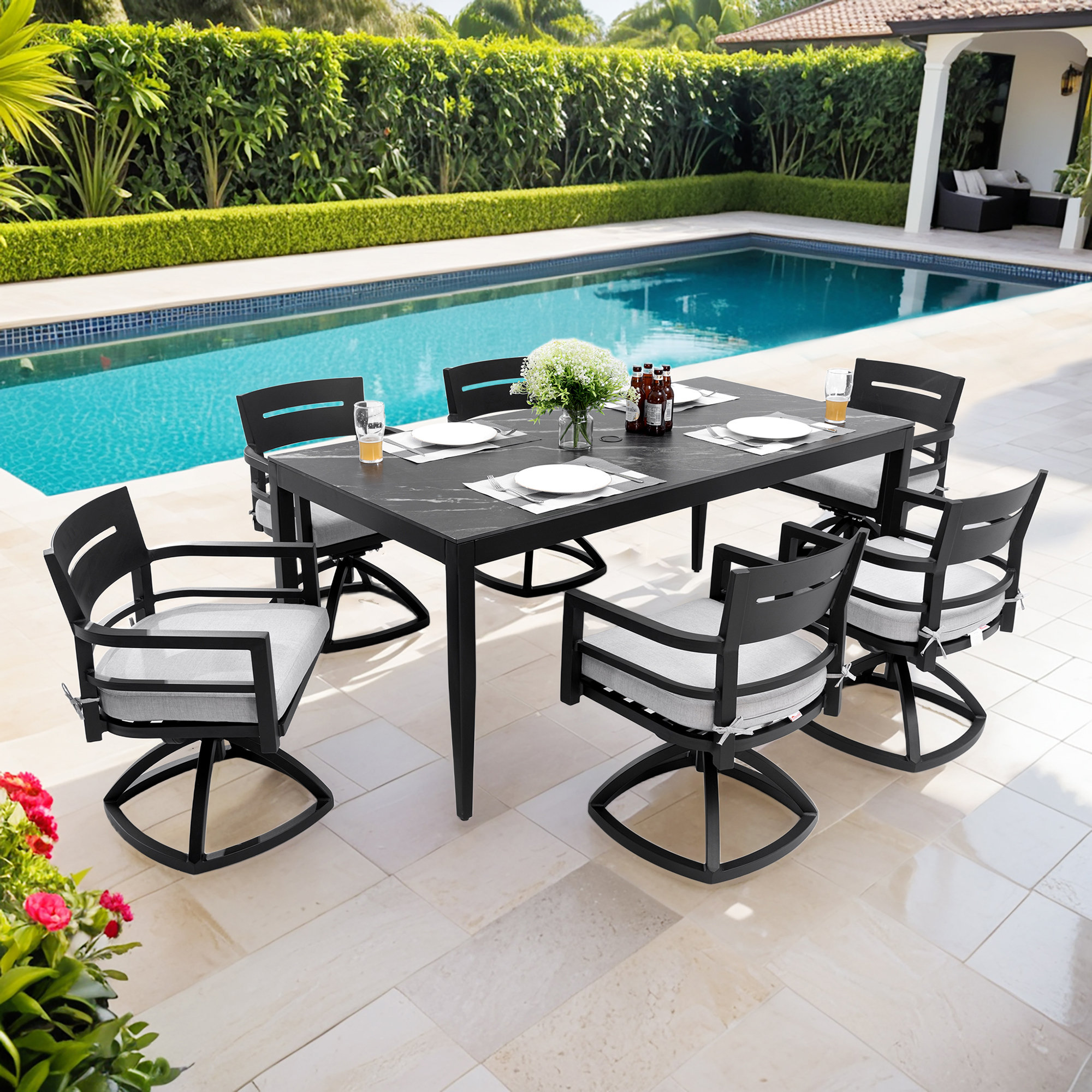 Red Barrel Studio® Modern 7 Piece Patio Aluminum Dining Set, 71" Marble ...
