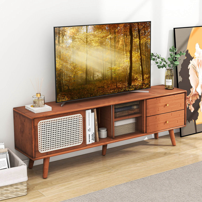 George Oliver Bamboo Tv Stand Console Table With Pe Rattan Door & 2 ...