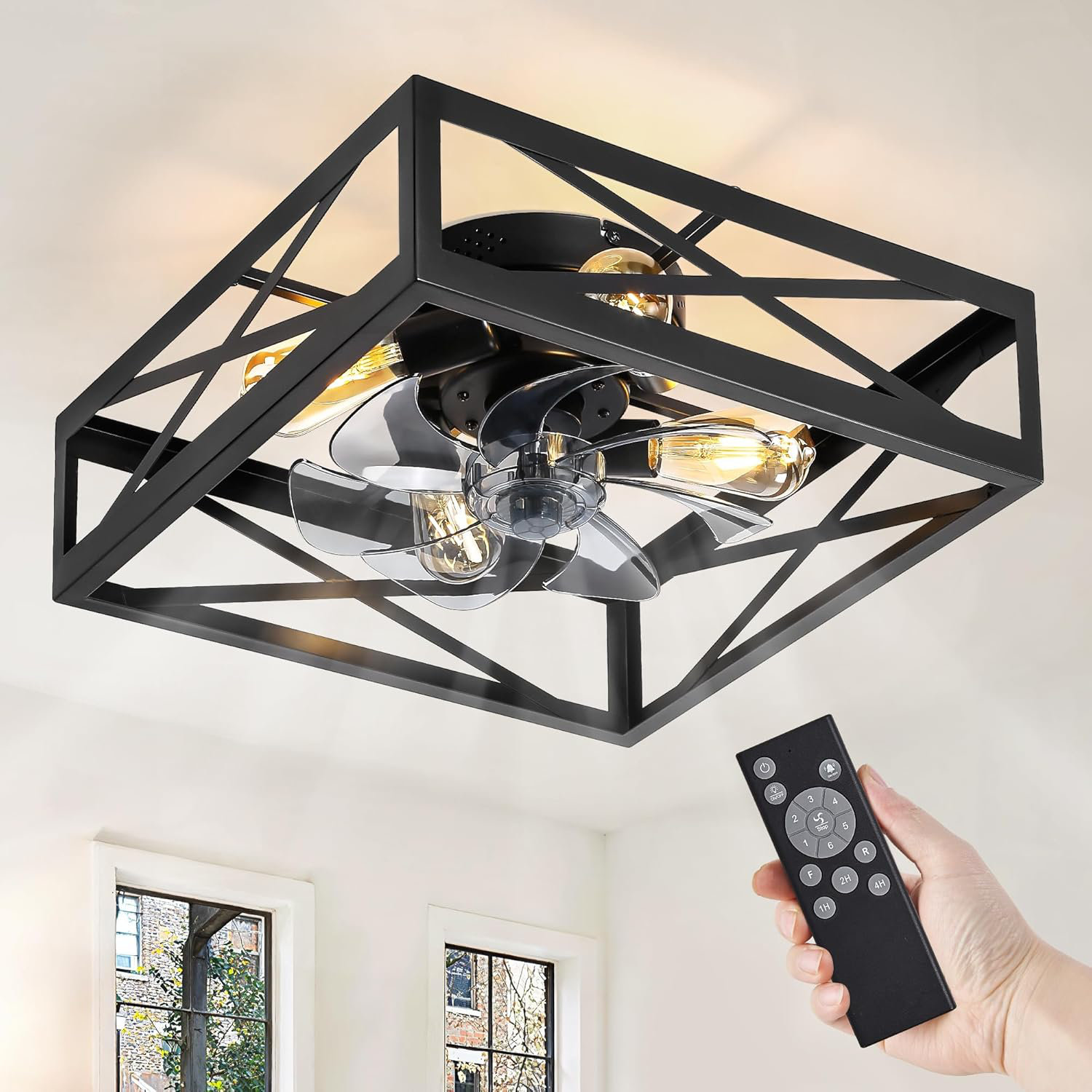 MEMOKY Caged Low Profile Ceiling Fans With Lights And Remote, Square ...