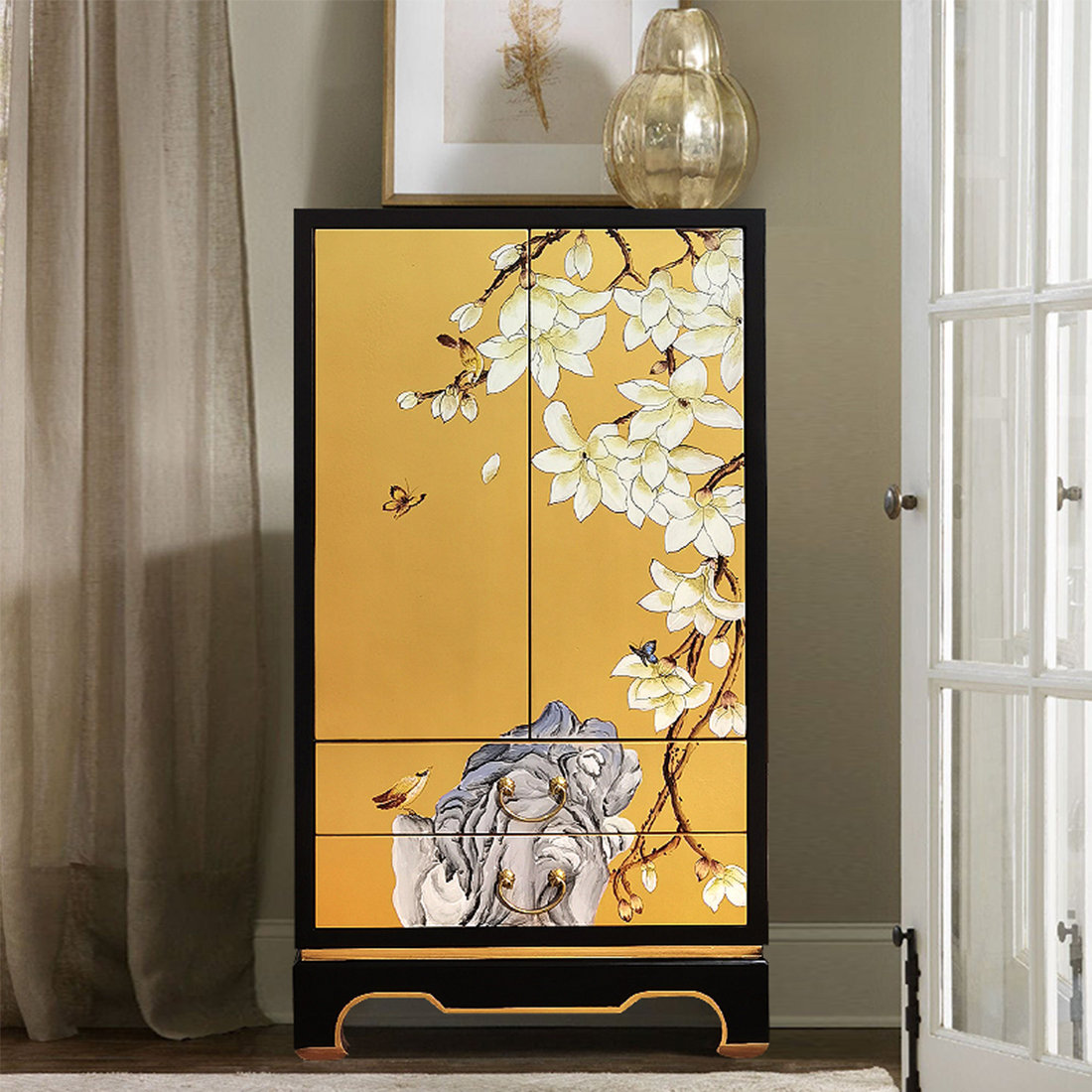 Vivid Space Creation Solid Wood Storage Cabinet with Hand-Painted Art ...