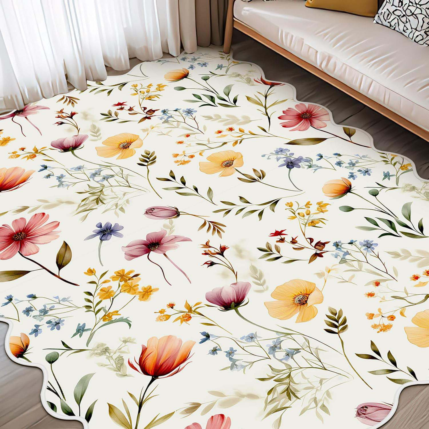 WINUAL Wildflower Rug Boho Floral Area Rugs 4'X6' Cute Sweet Scalloped ...