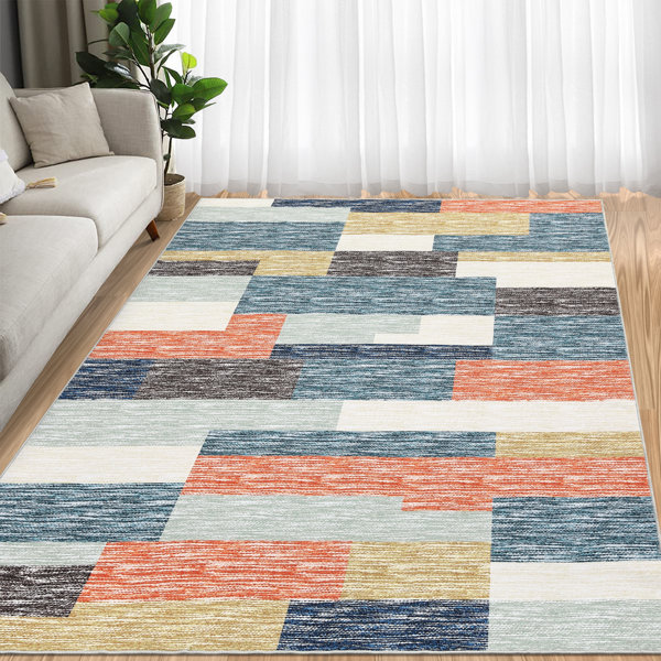 Ebern Designs Geometric Machine Washable Area Rug with Rubber Backing ...