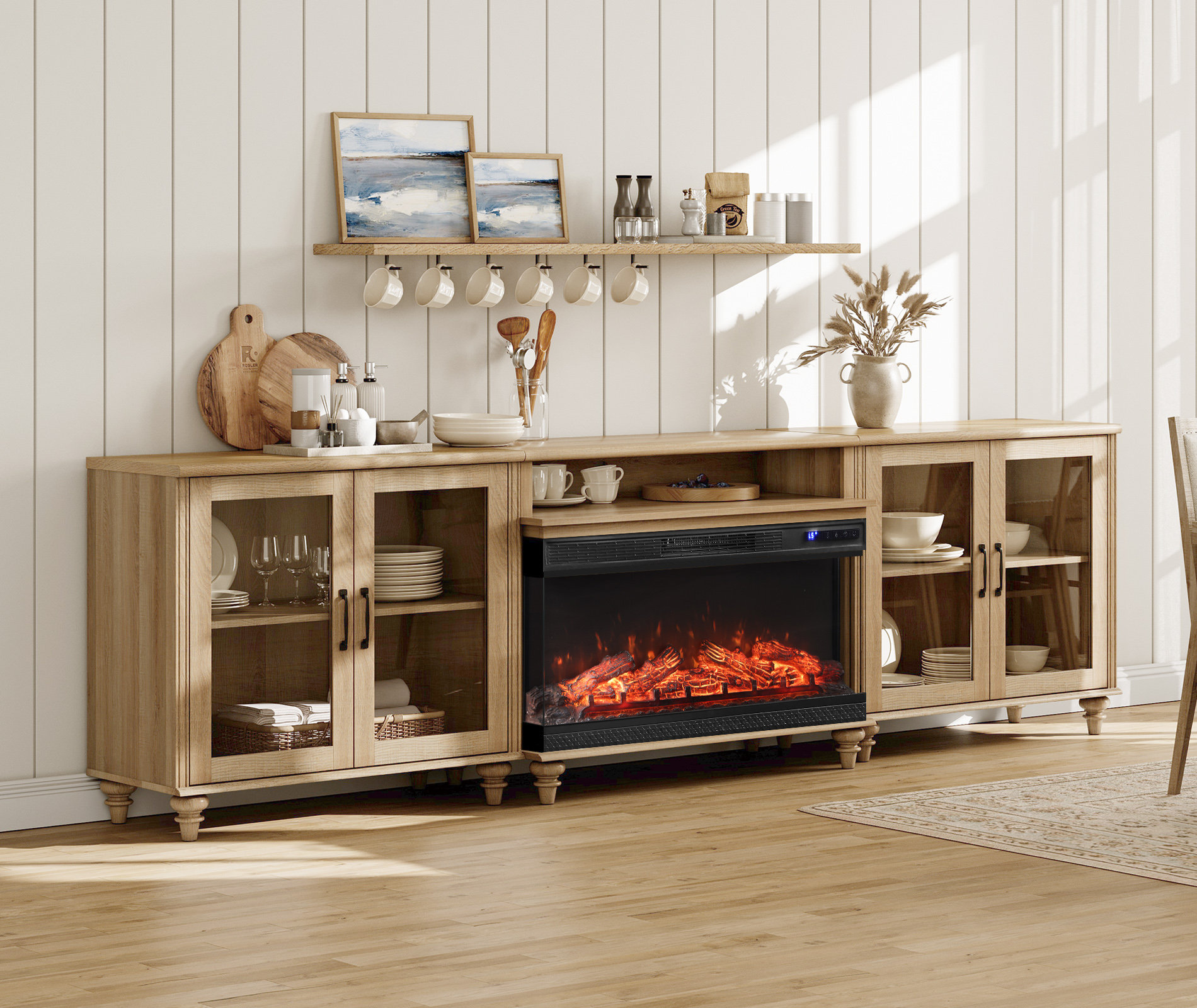 Alcott Hill® Sideboard Cabinet With 4 Glass Doors, Vintage Wood Grain ...