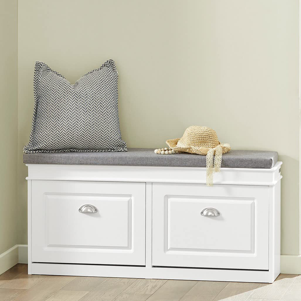 Red Barrel Studio White Shoe Storage Bench With 2 Flip Drawers & Padded ...