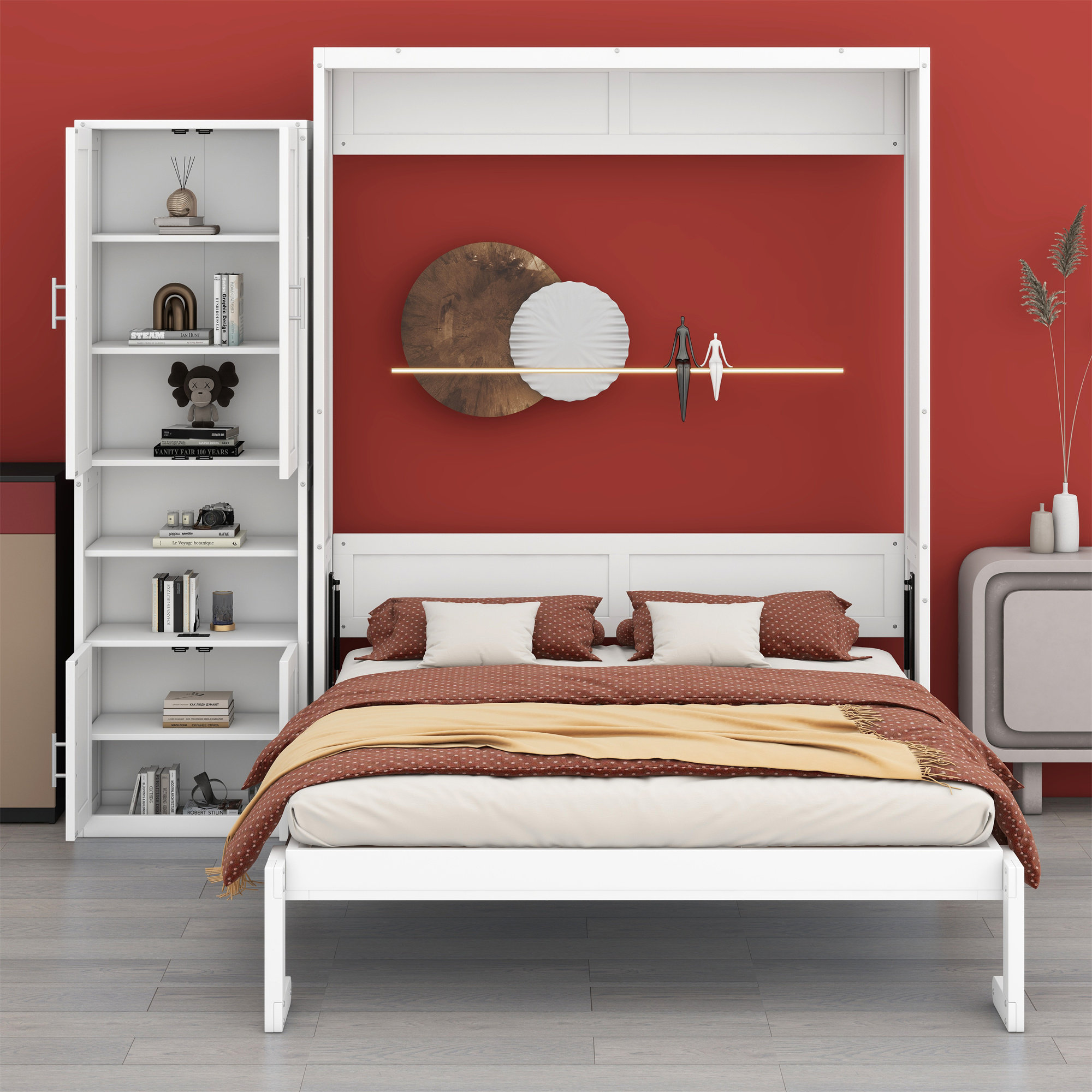 Hokku Designs Murphy Bed With 1 Side Cabinet Storage Shelf,With Desk ...
