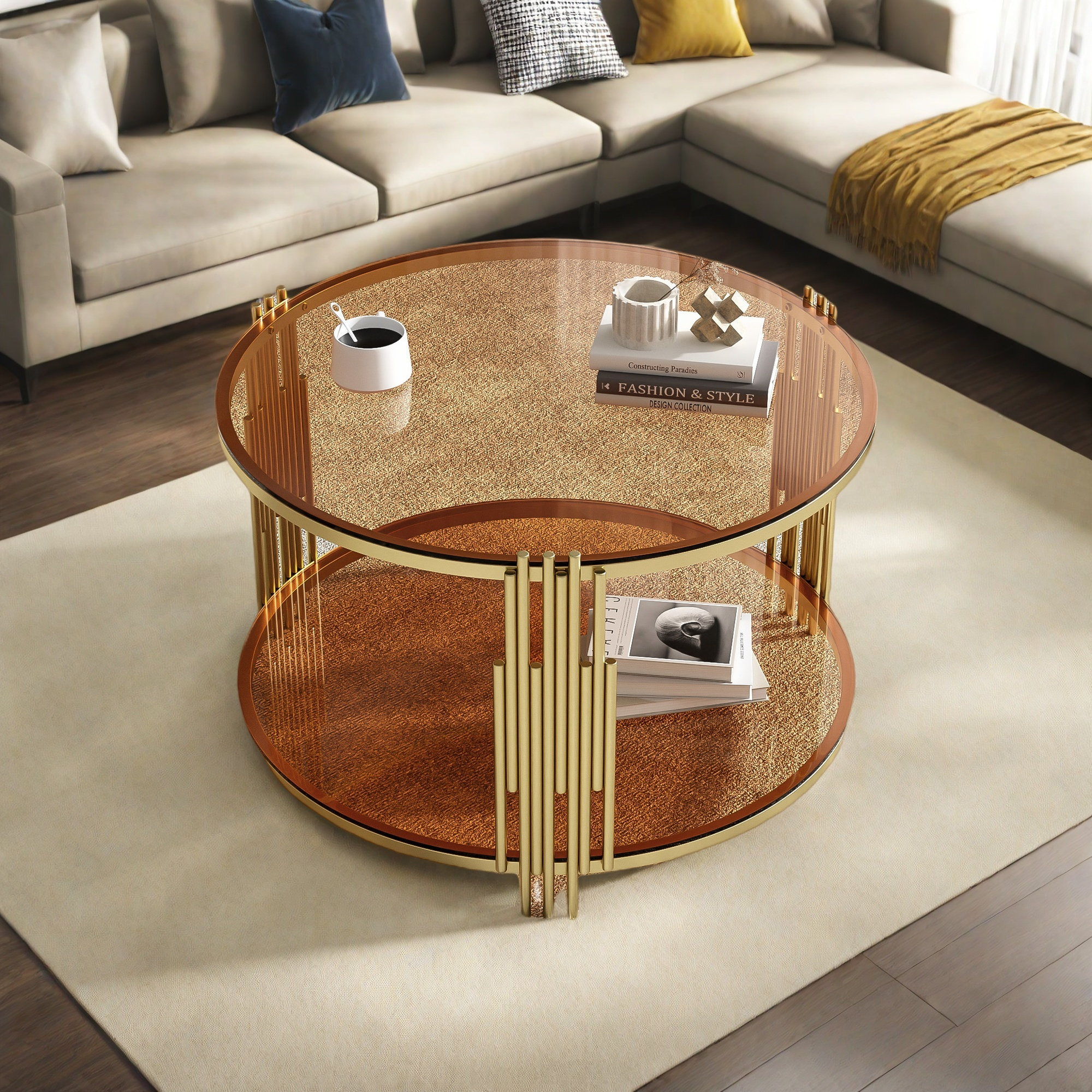Mercer41 Coffee Table Modern Glass Coffee Table With Asymmetrical Metal ...