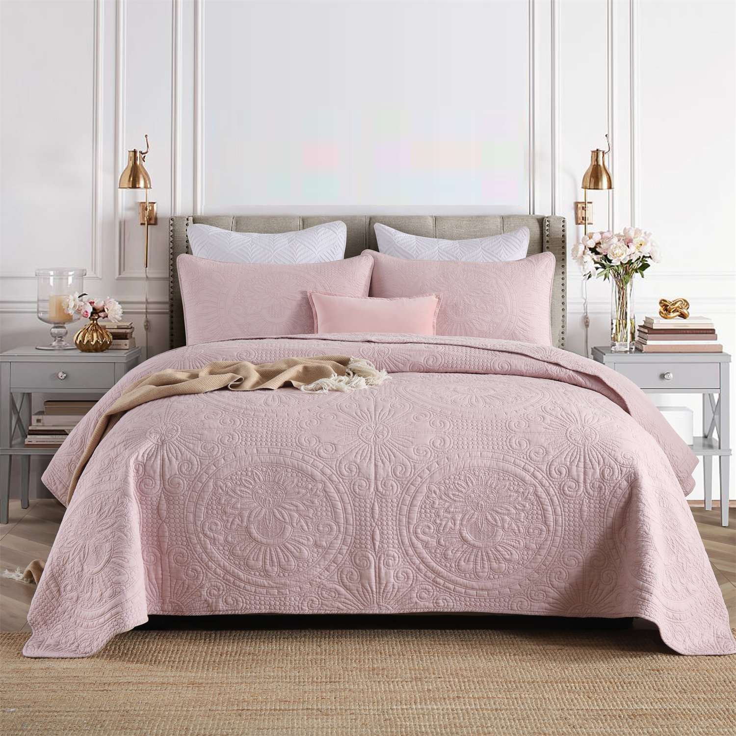 14 Karat Home Inc. Pink Standard Cotton Reversible 3 Piece Quilt Set ...