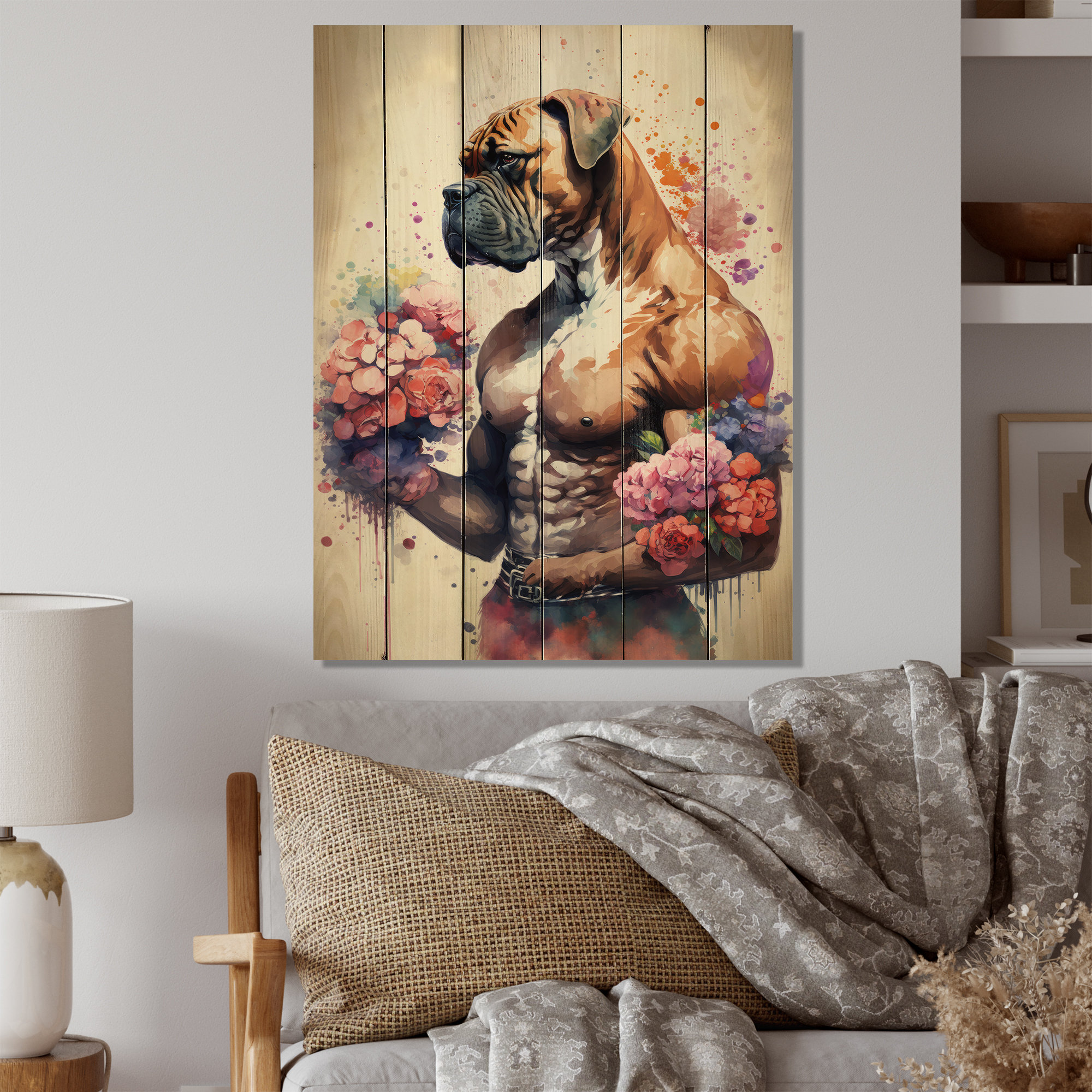Trinx Cute Boxers Floral Art - Animals Dog Wood Wall Art Print | Wayfair