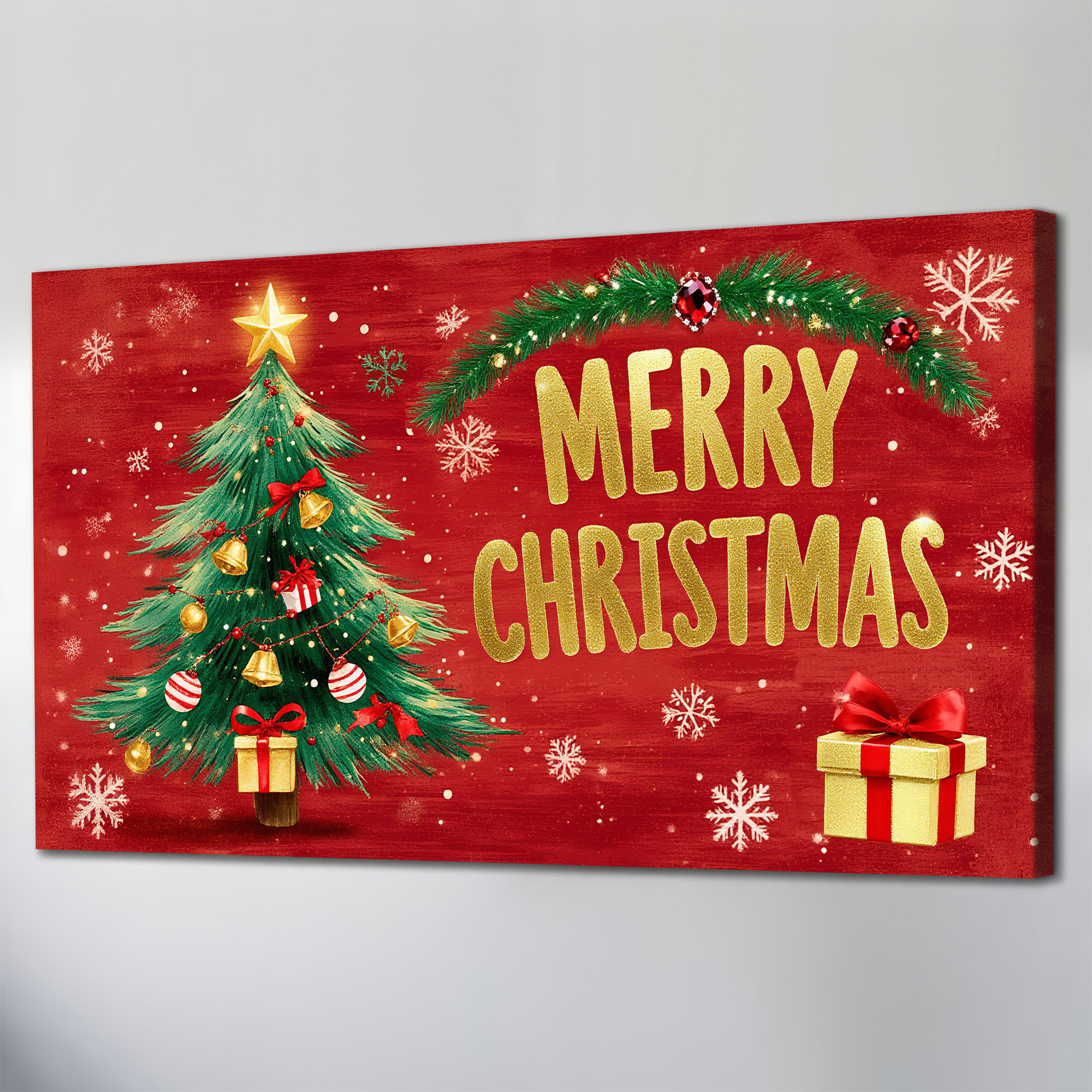 East Urban Home Large Merry Christmas Tree Canvas Wall Art, Red Holiday ...