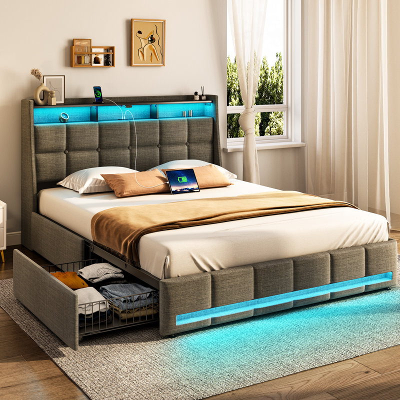 Ivy Bronx Dyane Upholstered Bed Full Bed Frame with Charging Station ...