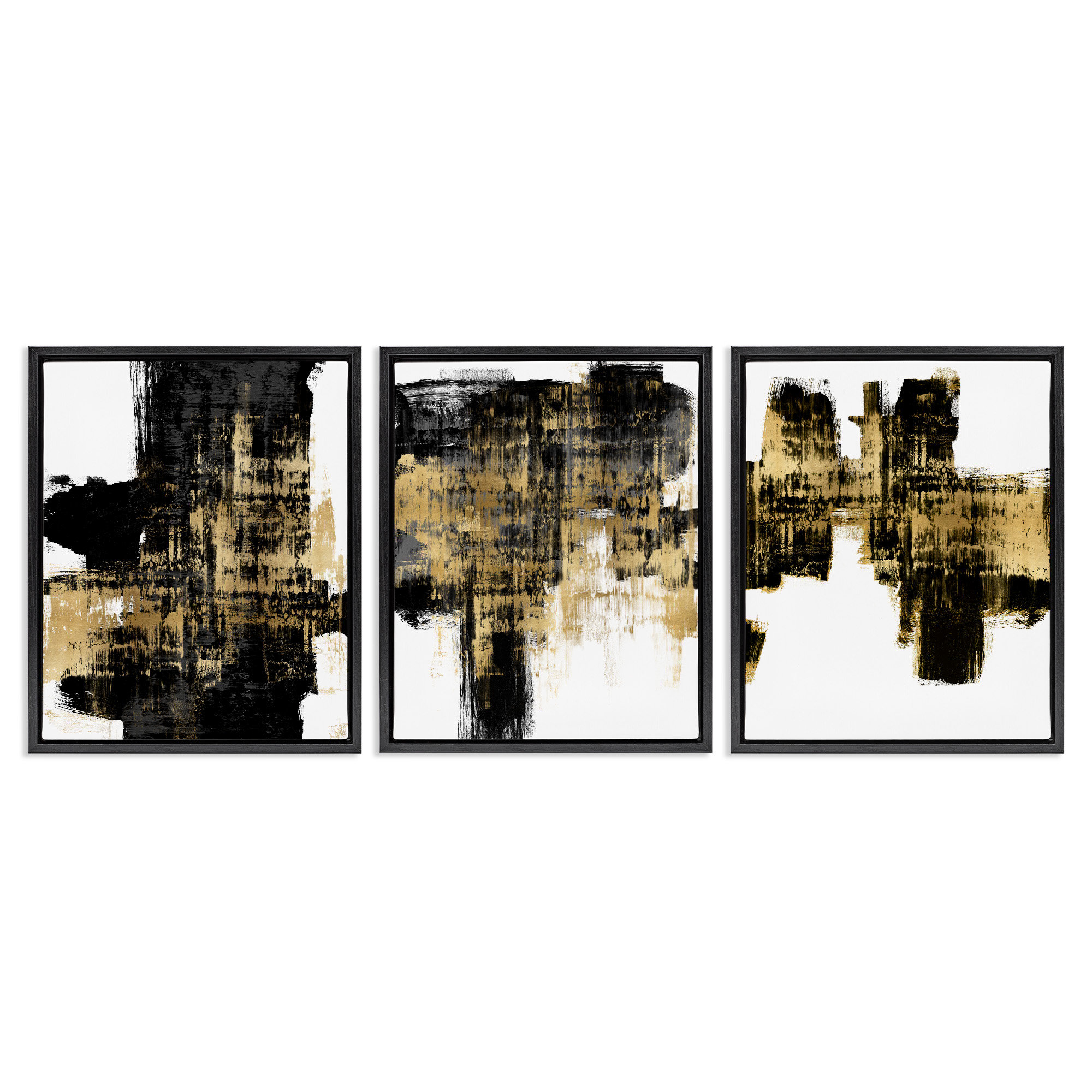 17 Stories Bold Black Brushstrokes with Gold 3 Piece Canvas Set by Alex ...