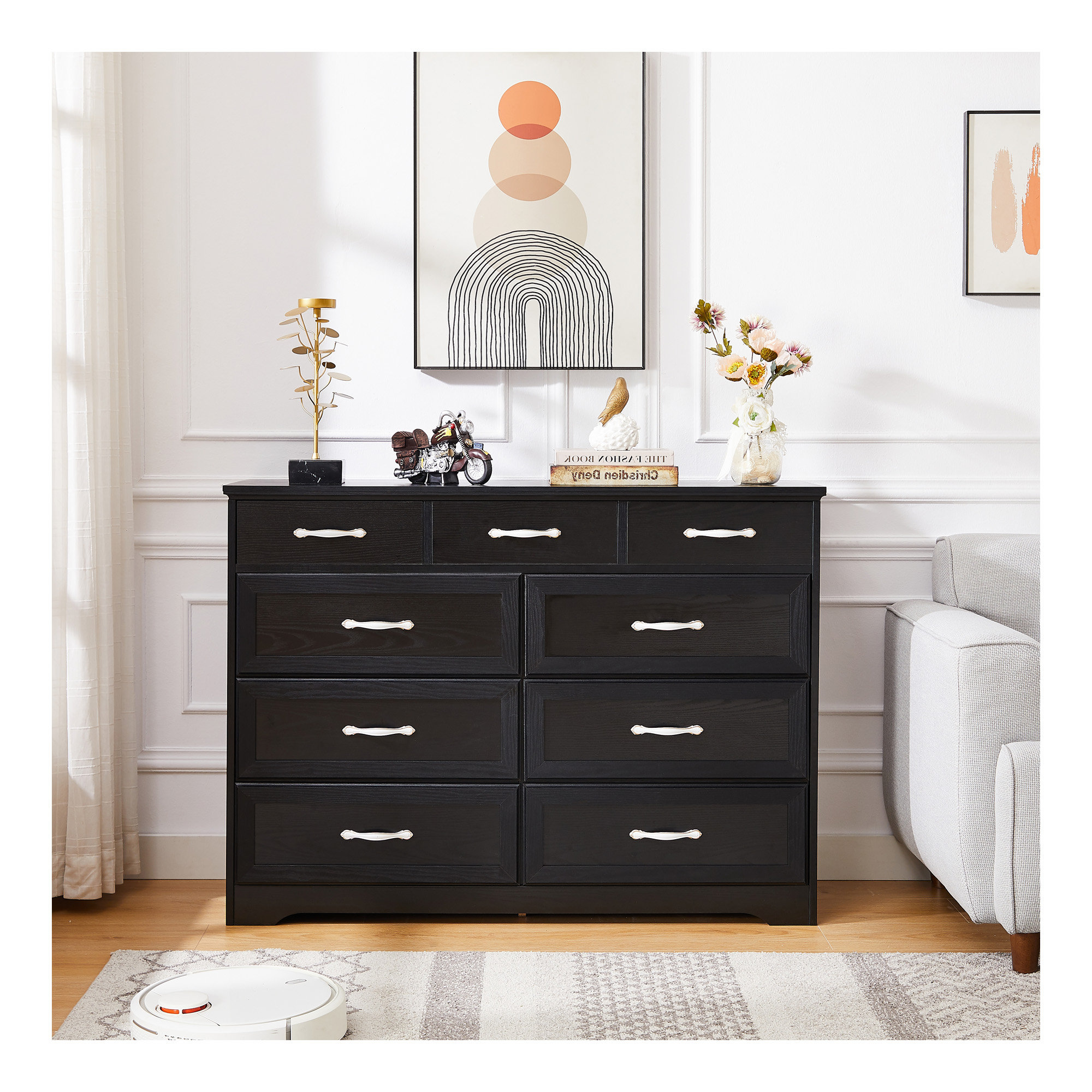 Latitude Run® Bedroom dresser, 9 drawer long dresser with antique ...