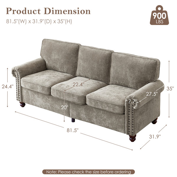 Charlton Home® 81.5" 3 Seat Sofa Couch, Rolled Arm Sofas With Nailhead ...