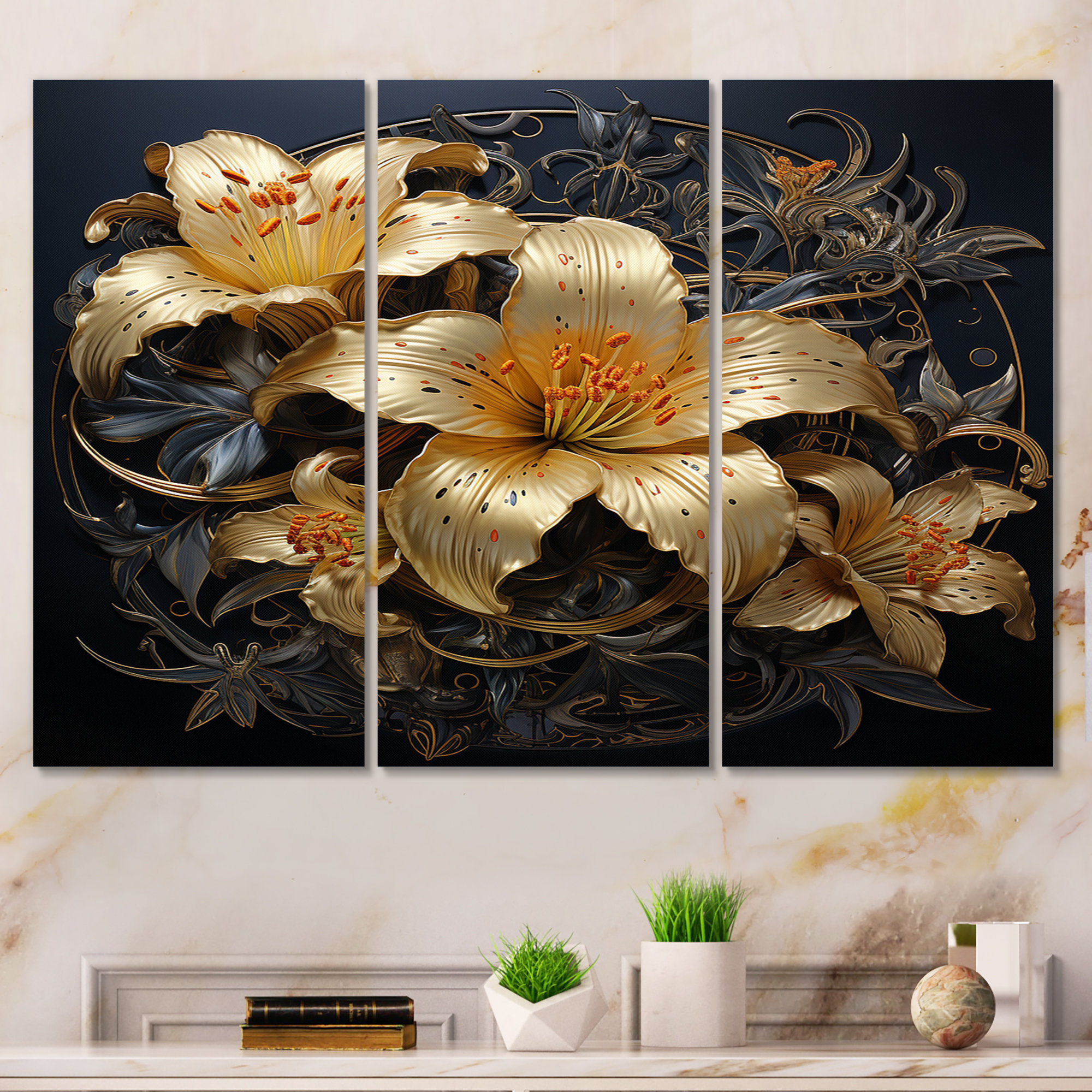 Design Art Golden Lily Flower Glam On Black III - Lily Wall Decor Set ...