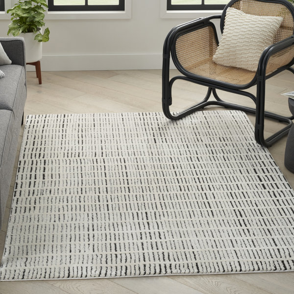 Gracie Oaks Lochmoor Striped Machine Woven Ivory Black Area Rug ...