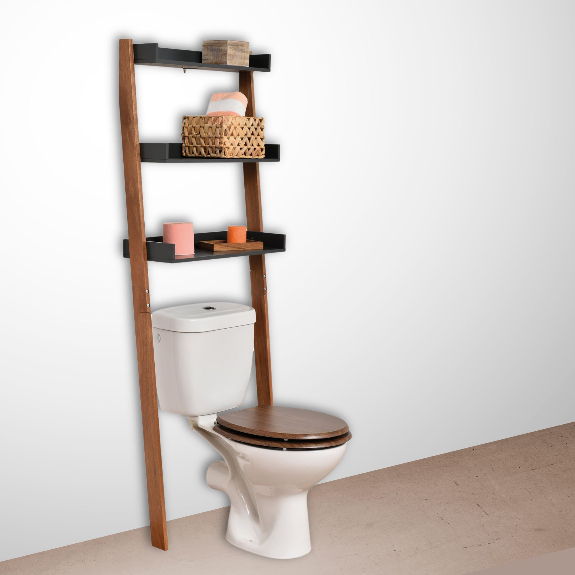 Evideco Freestanding Over-The-Toilet Storage Shelf with Brown Wooden ...