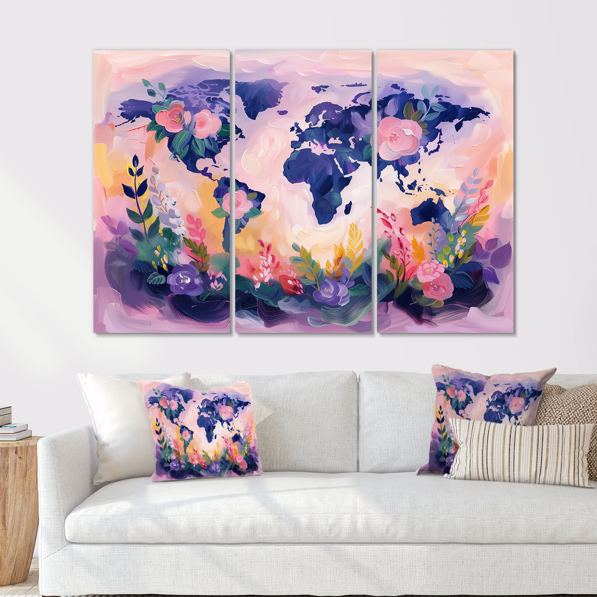 Lark Manor™ Pink Purple World Map Blooms I - World Map Wall Art Set ...