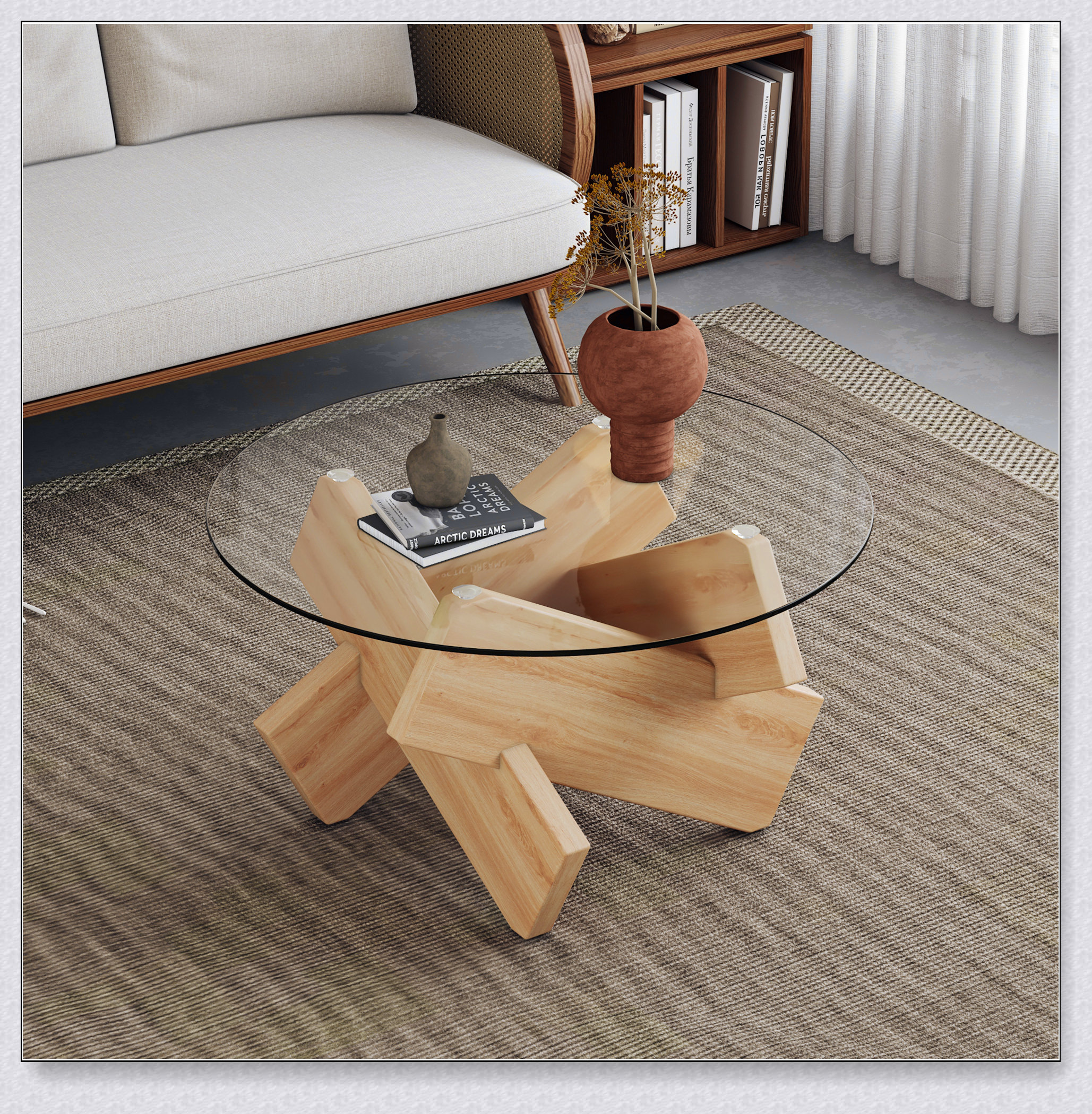 George Oliver Circular Glass Coffee Table With Tempered Top And Wooden ...