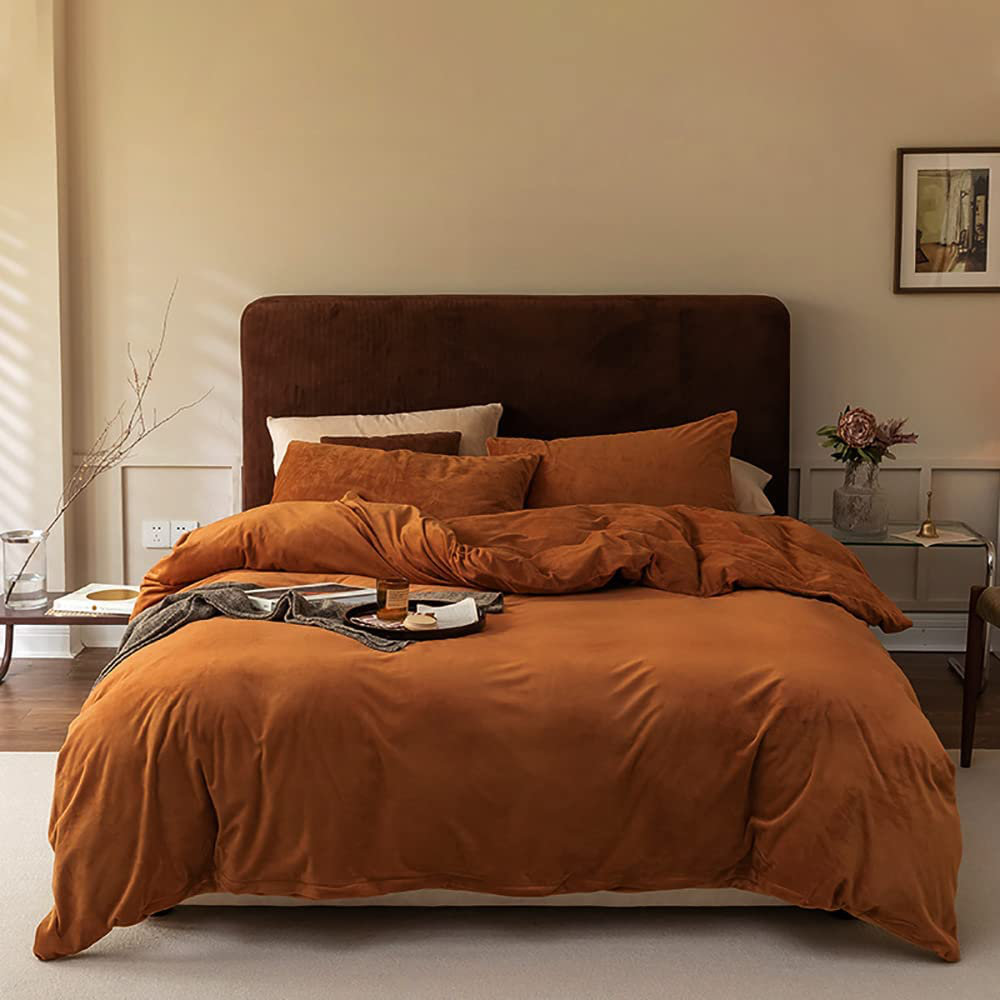 Nayoroom Brown Caramel Orange Solid Color Velvet Duvet Cover Set ...