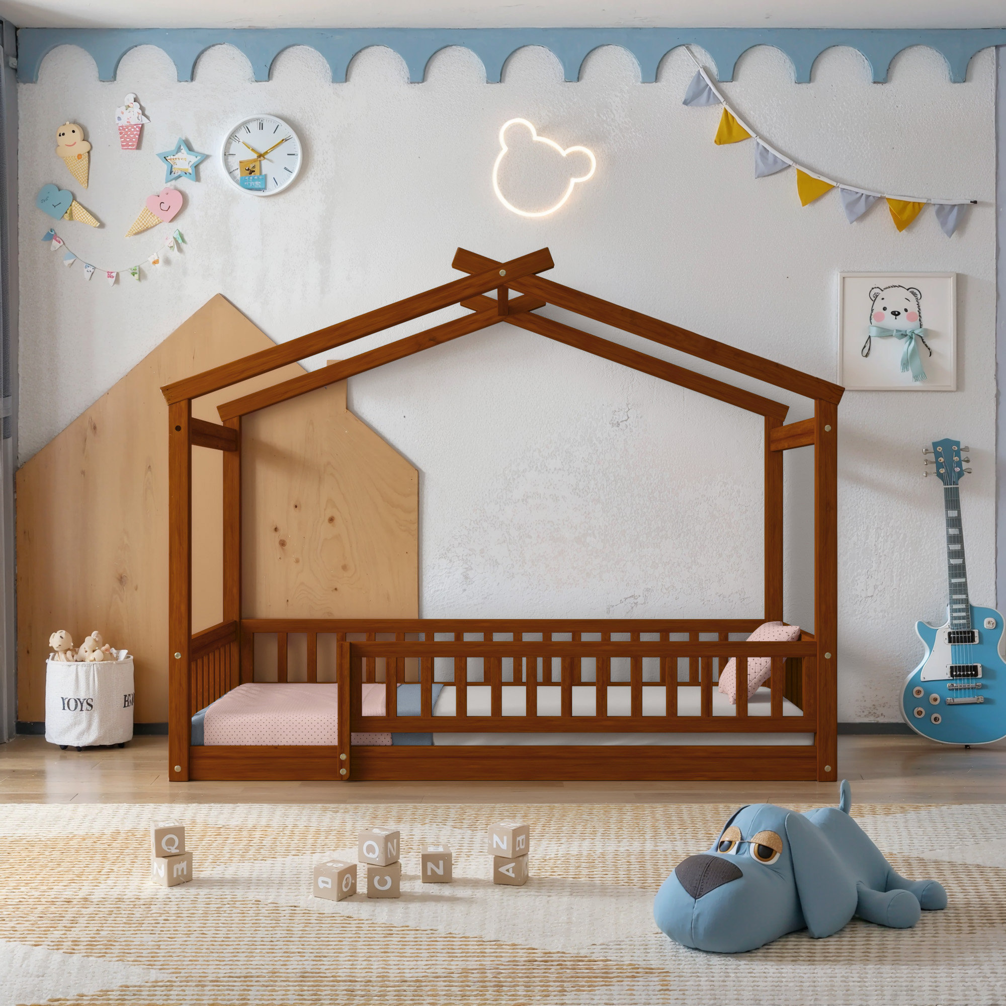 Union Rustic Full Size Wood Bed House Bed Frame With Fence | Wayfair