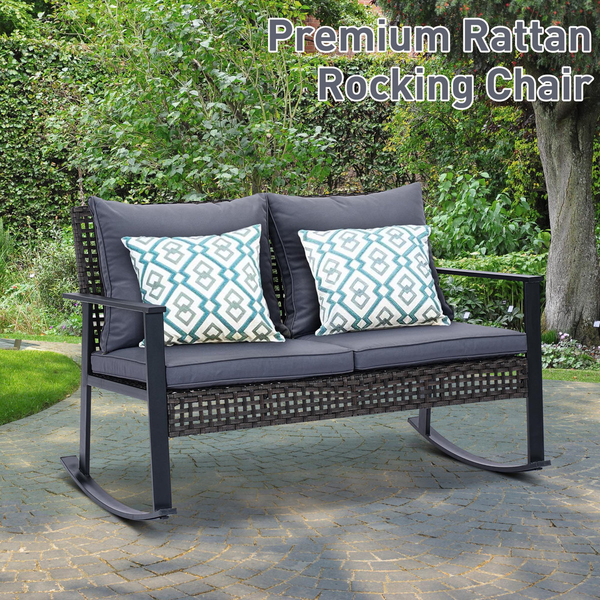 Winston Porter Outdoor rattan rocking loveseat chair | Wayfair