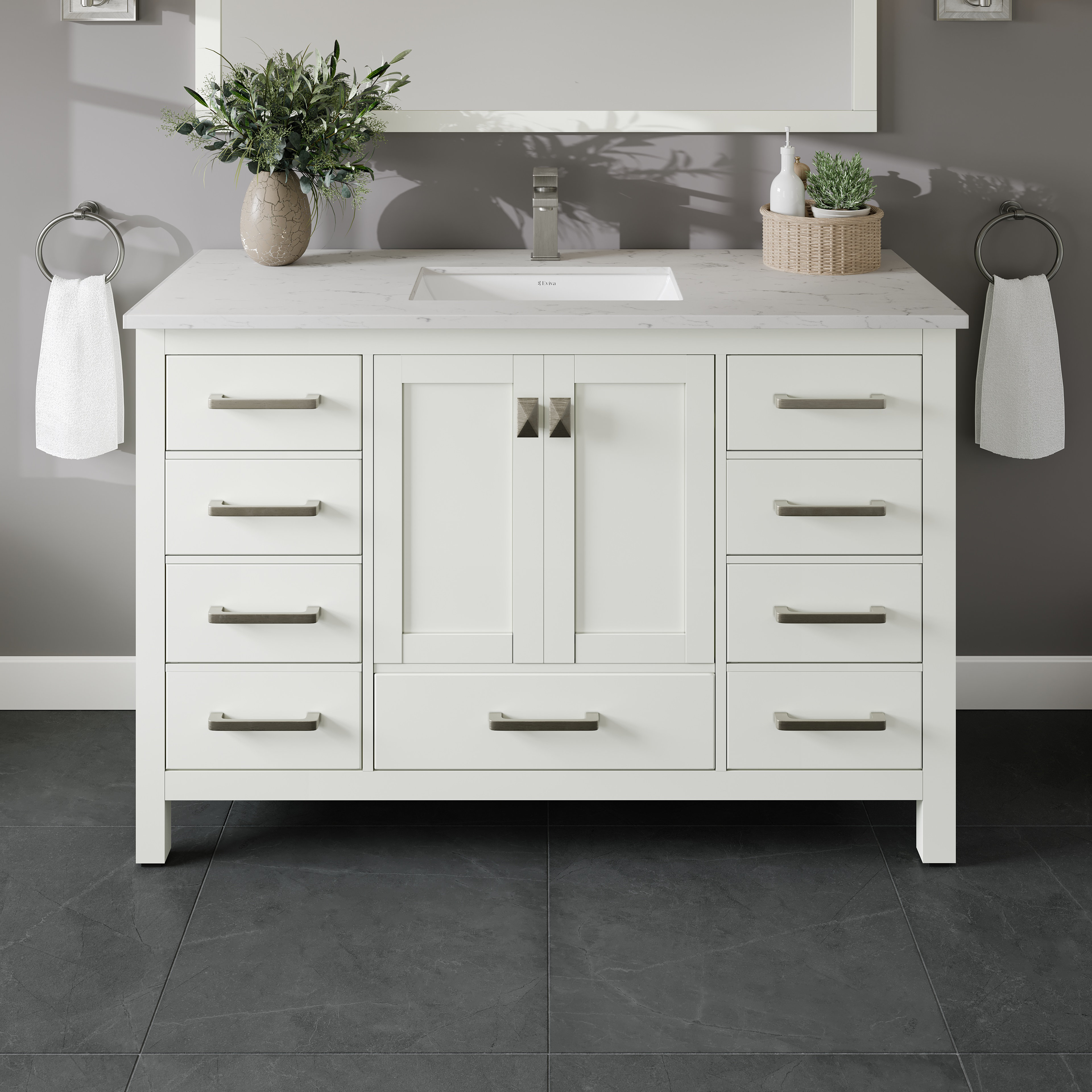 Eviva London 48"W x 18"D White Vanity with Carrara Quartz Vanity Top ...
