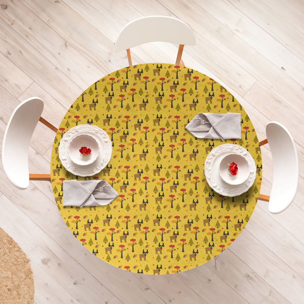 Millwood Pines Moose Fitted Round Tablecloth Mustard Taupe and Orange ...