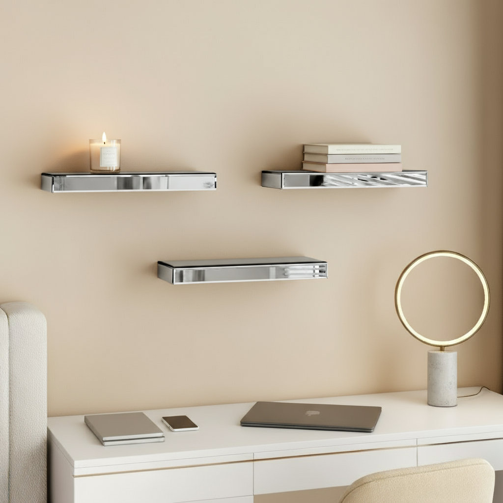 HomeRoots Set Of Three Silver Glass Wall Mounted Floating Shelf ...